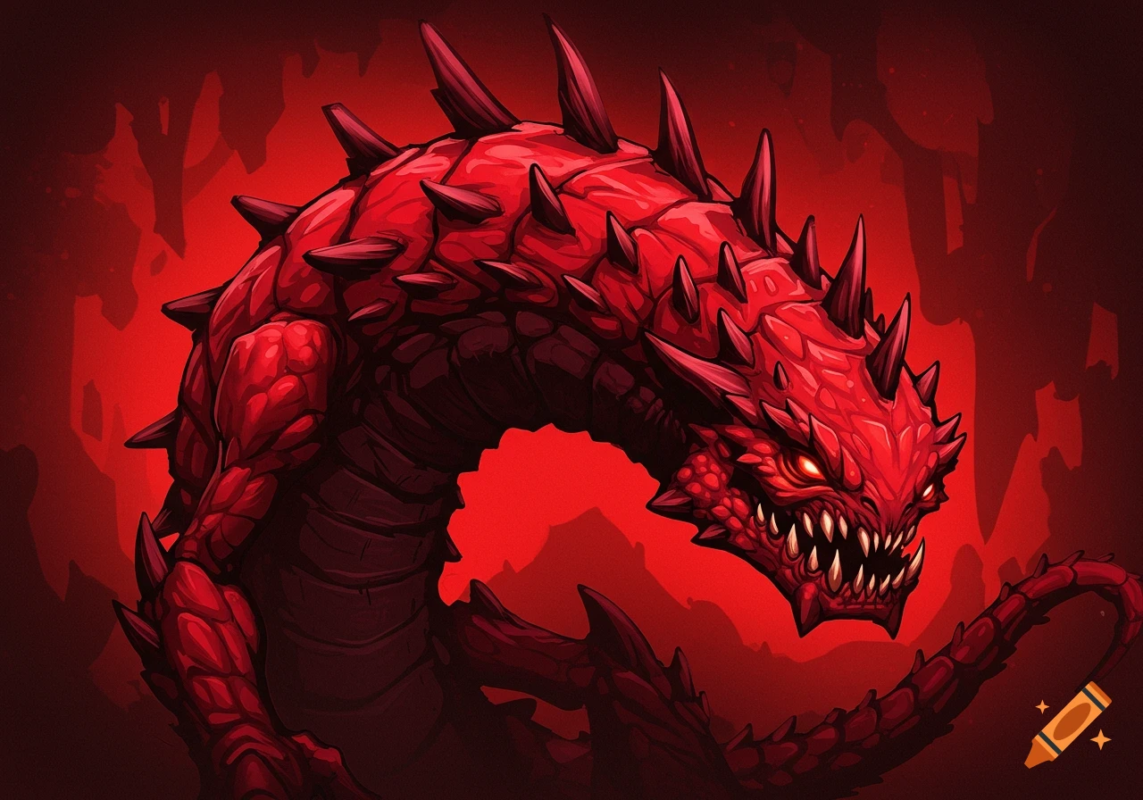 A red spiked monster with glowing eyes and a curved body in a dark red ...
