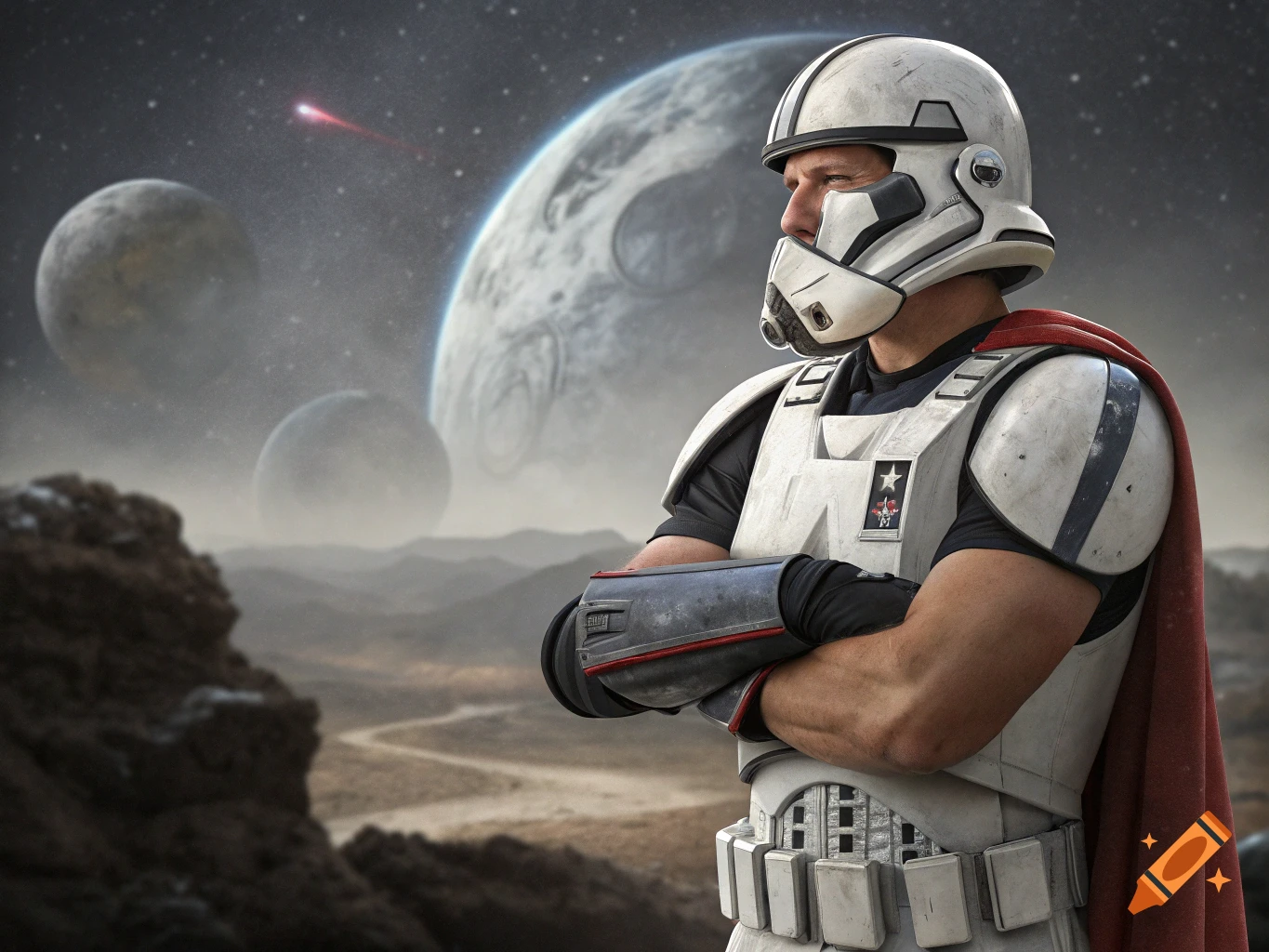 Man in white sci-fi armor with red cape, standing on a planet looking ...