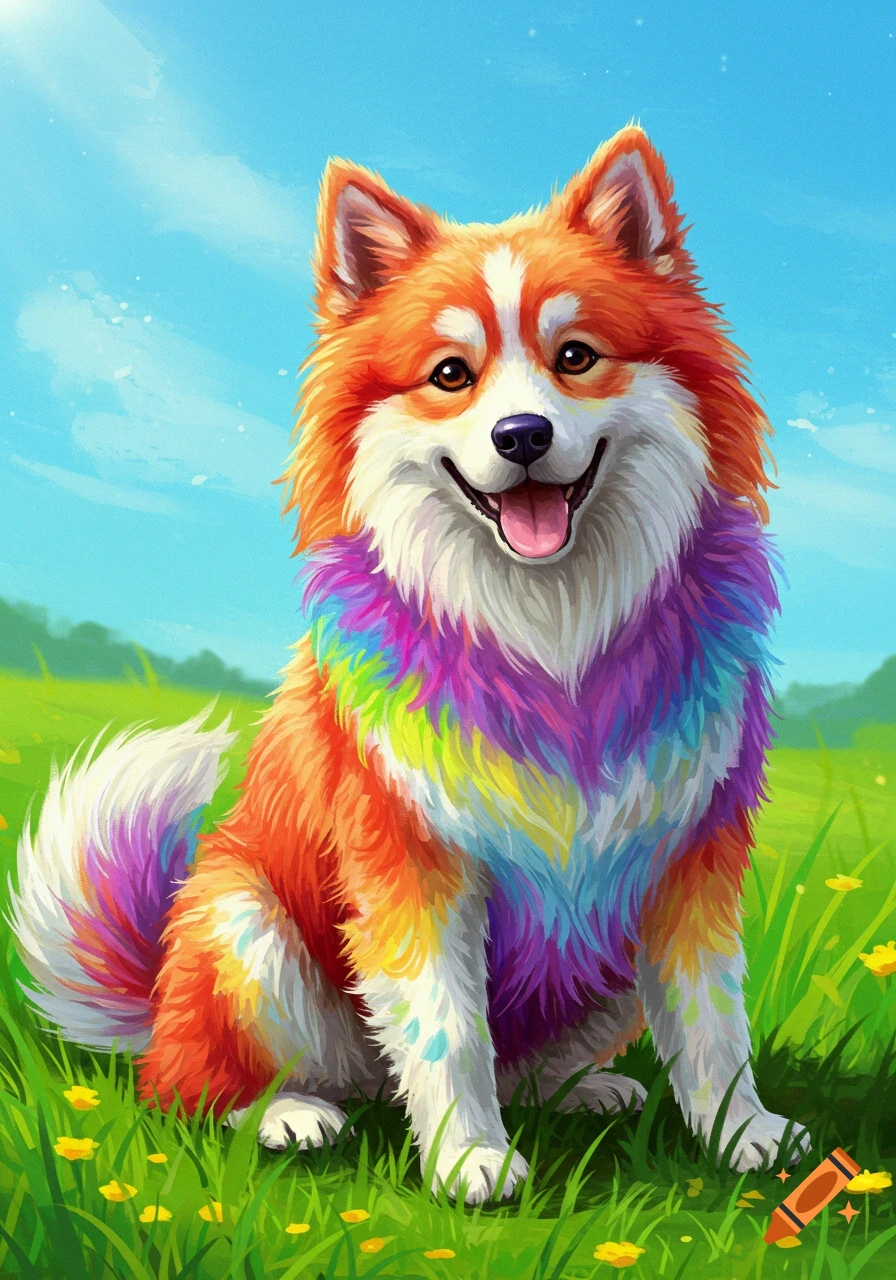 A fluffy rainbow dog sits in a grassy field. on Craiyon