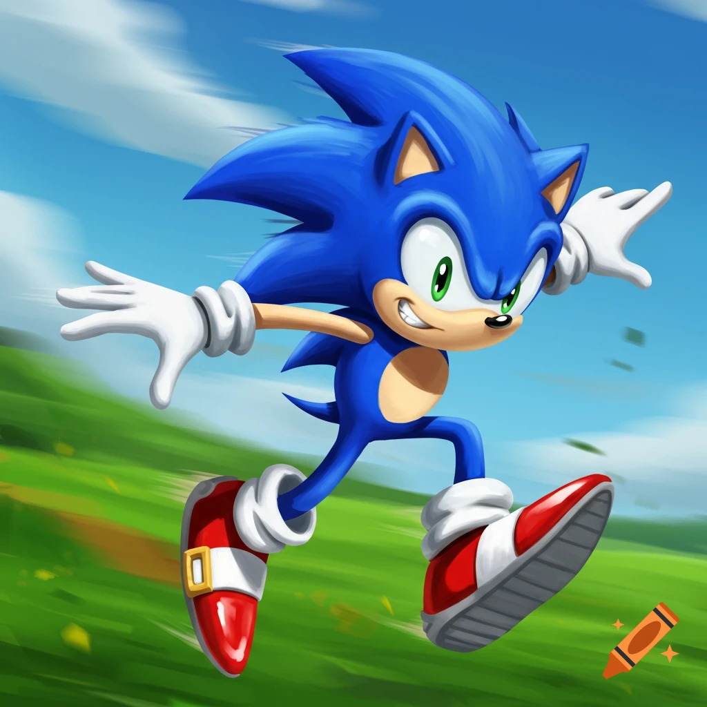Sonic the Hedgehog runs through a grassy field under a blue sky. on Craiyon