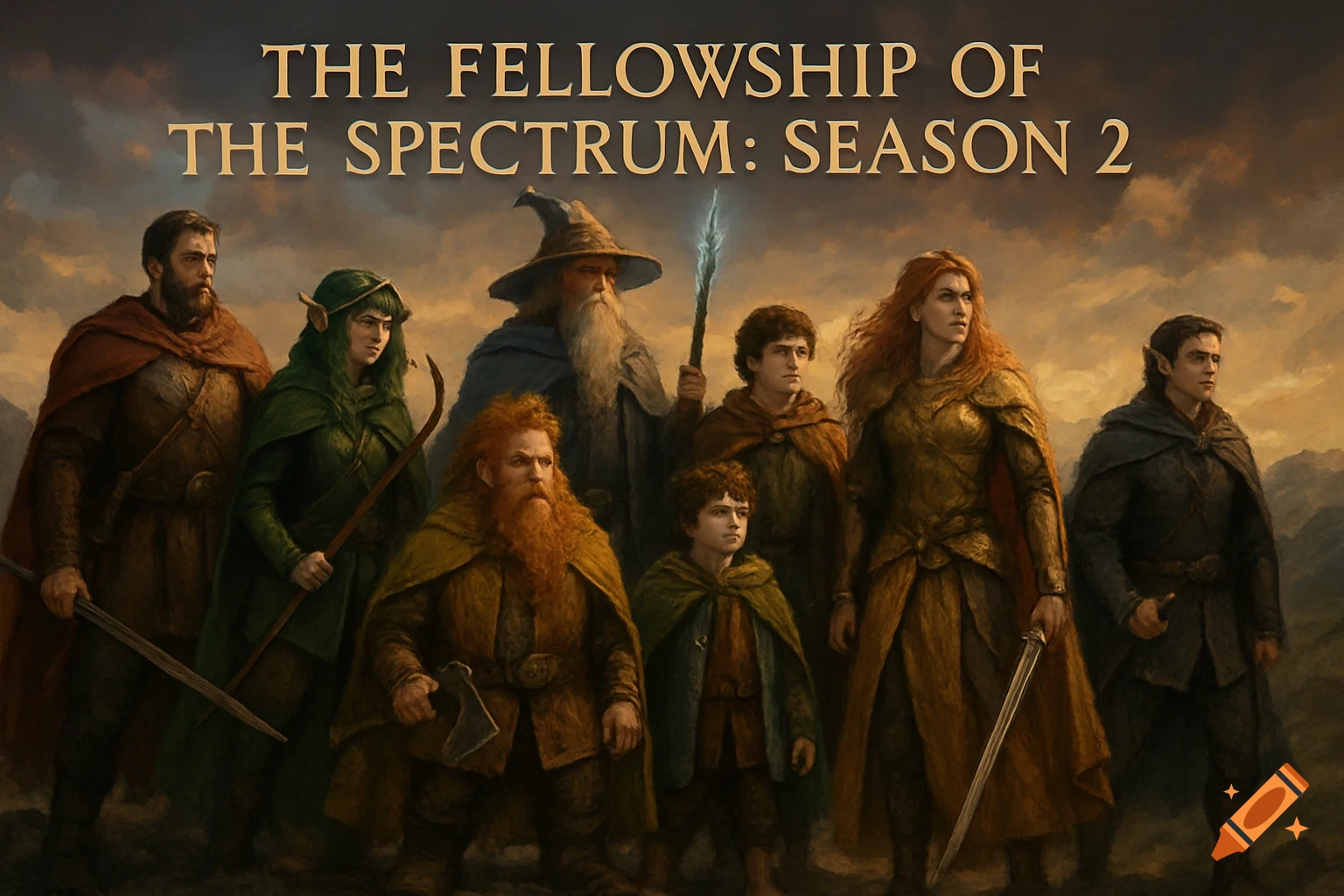Group of diverse fantasy characters including a wizard, dwarf, elves ...