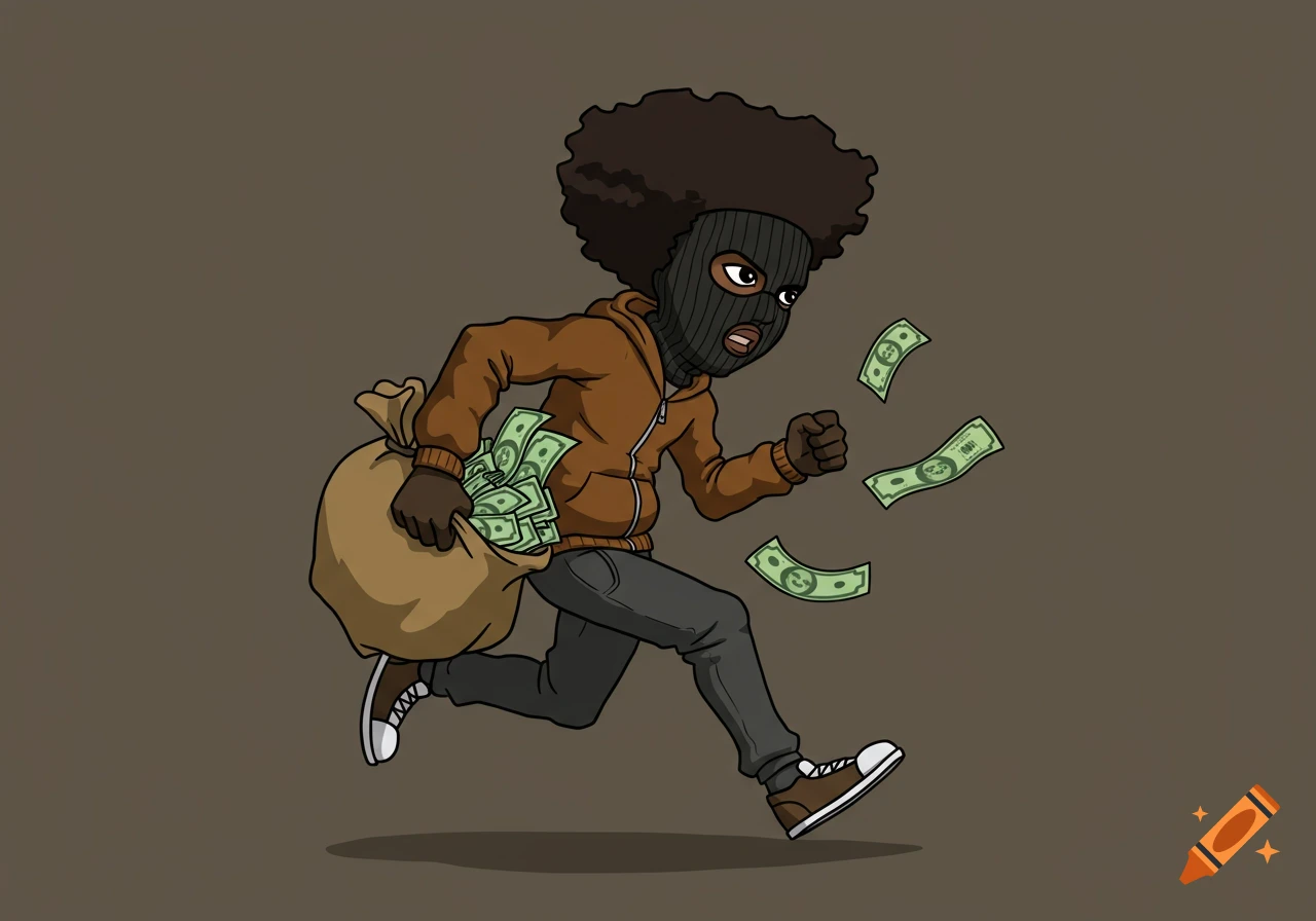 A cartoon character in a ski mask runs with a sack of money, with bills ...