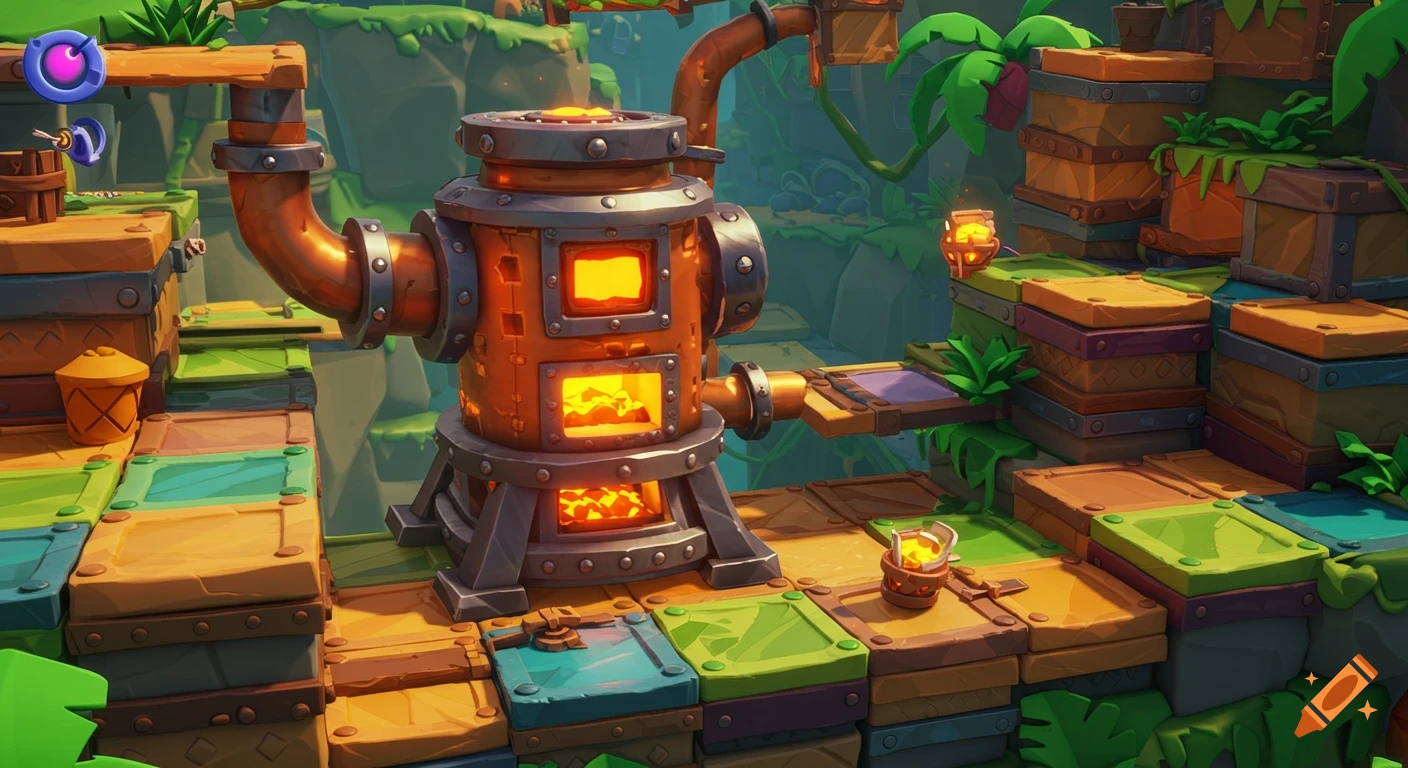 A stylized 3D video game environment featuring a smelter machine in a tropical platformer level ...