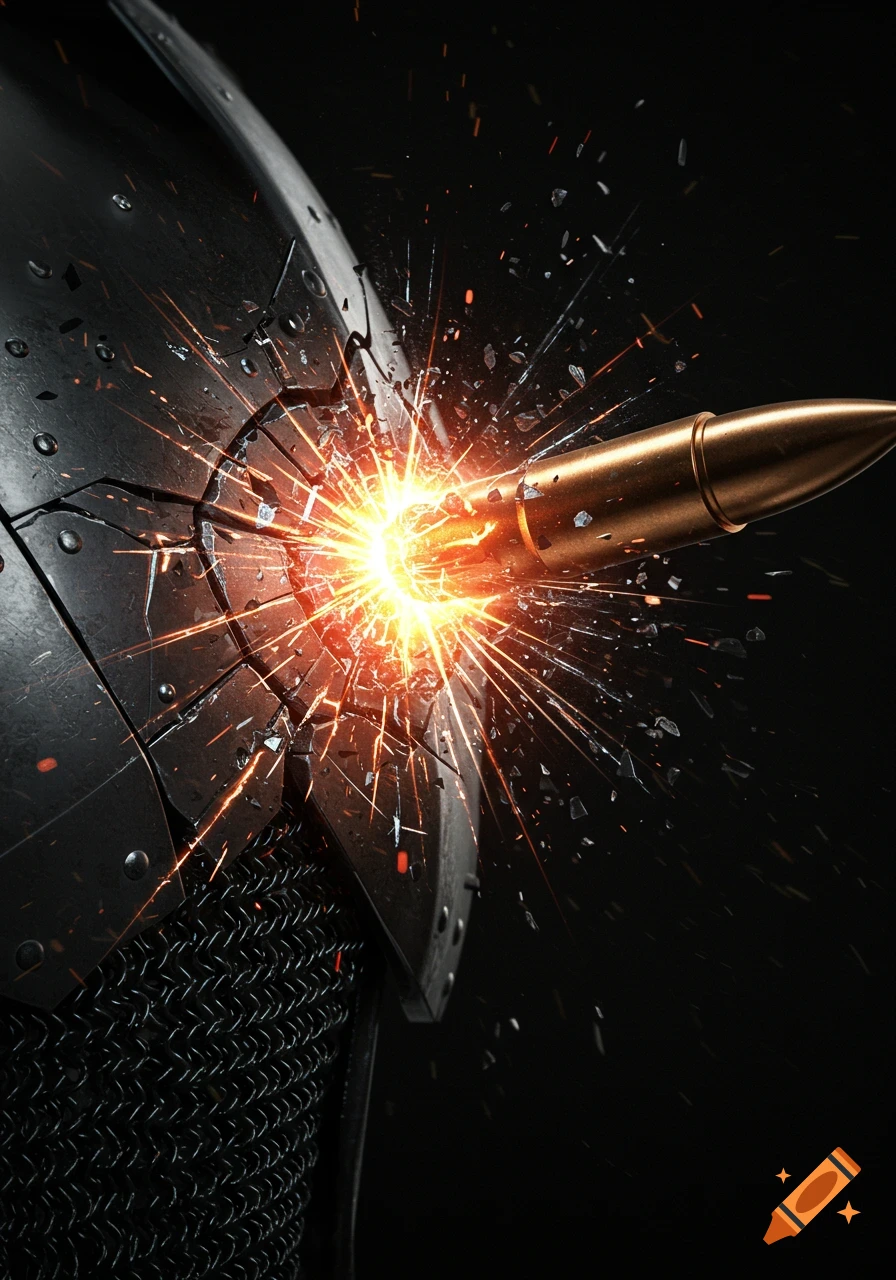 Bullet piercing dark metal armor helmet, creating sparks and fragments ...