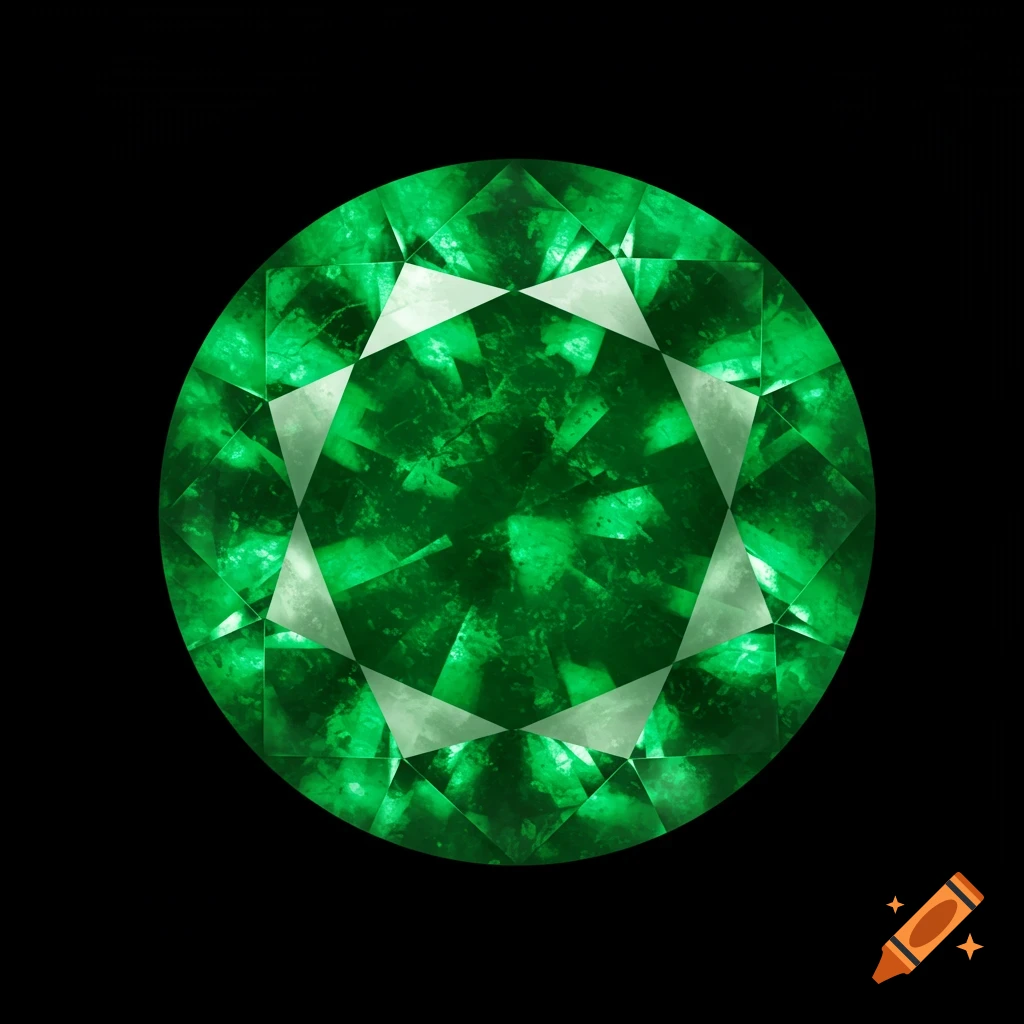 A close-up of a circular emerald gemstone on a black background on Craiyon