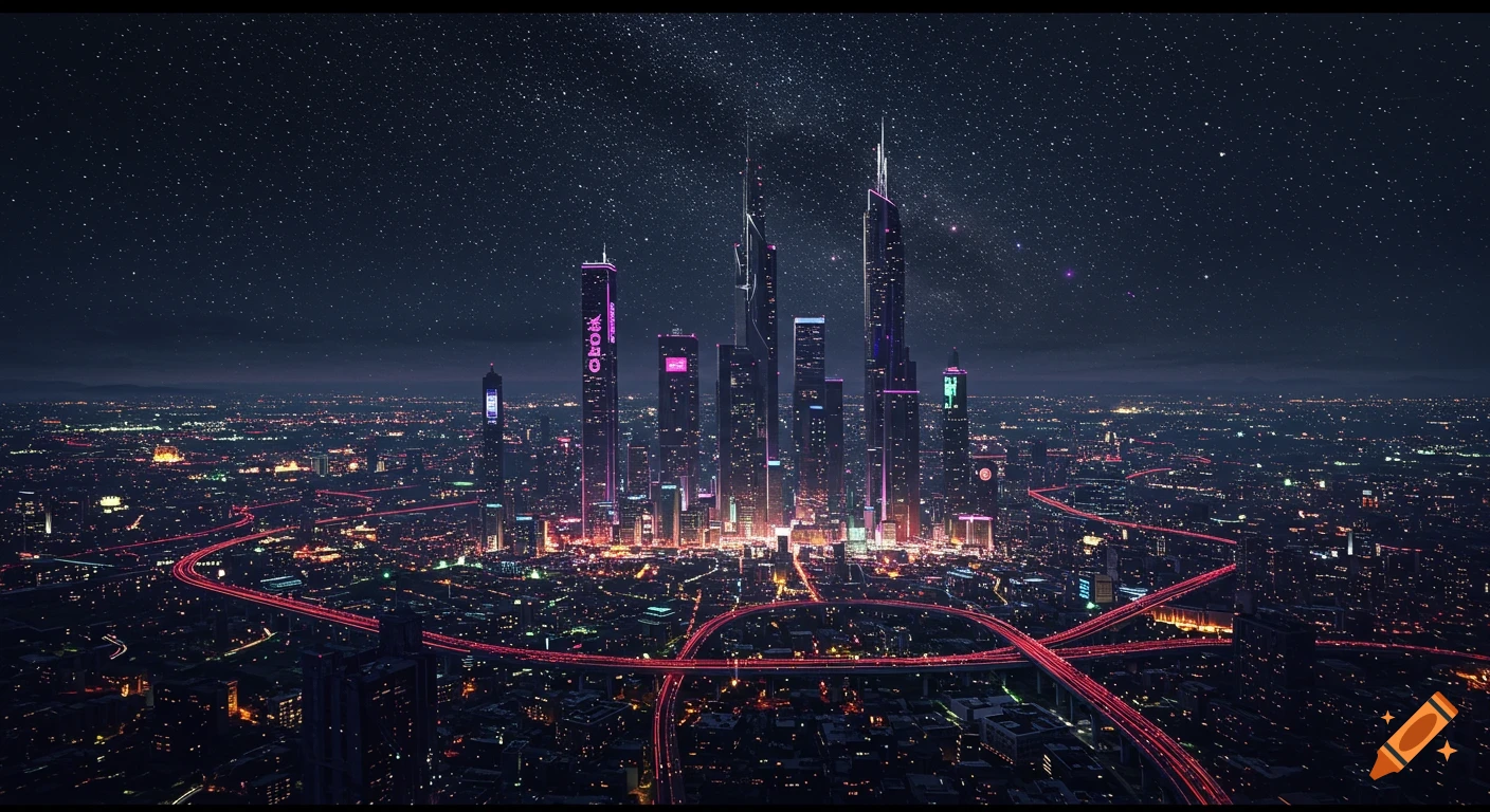A futuristic city skyline glows at night, with bright highways weaving through the buildings ...