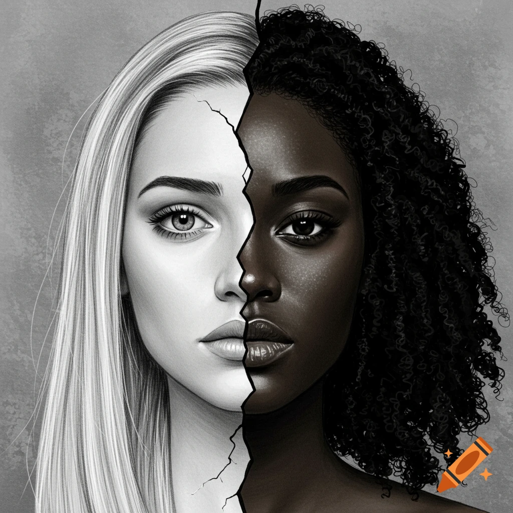 Black and white illustration of a woman's face split in half, one side ...