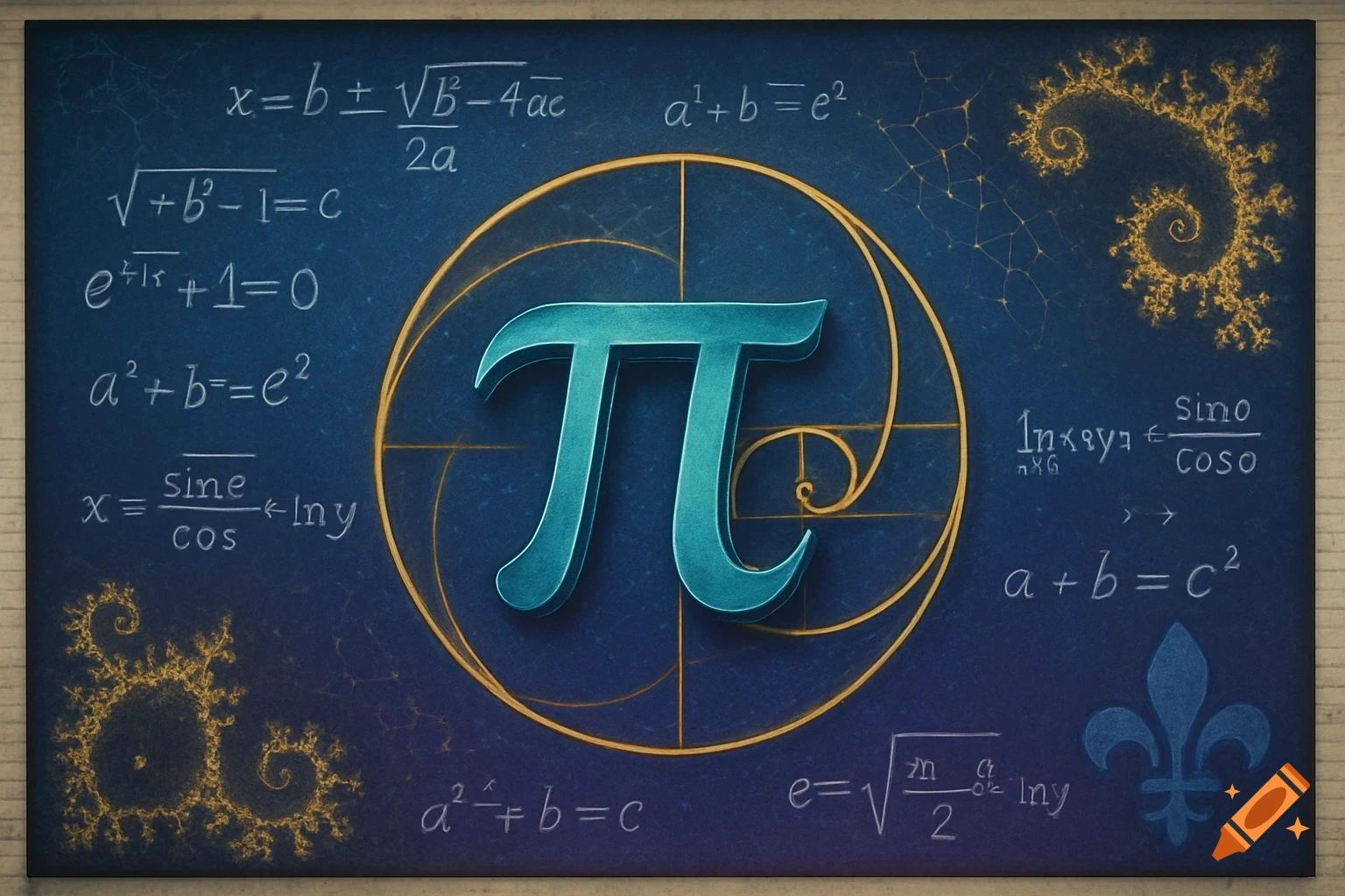 Chalkboard with mathematical equations, a large Pi symbol, a golden ...