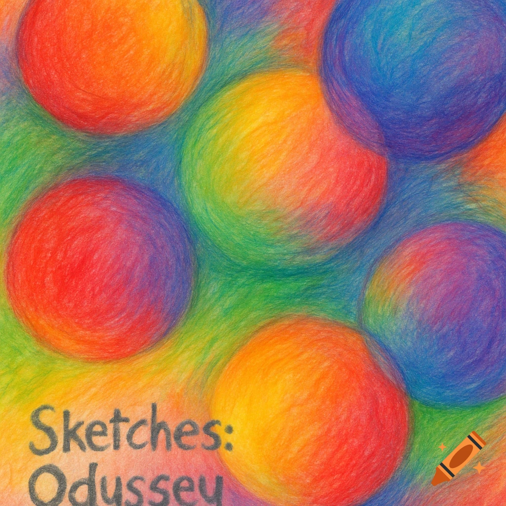 Abstract colored pencil drawing with large circles and the title ...