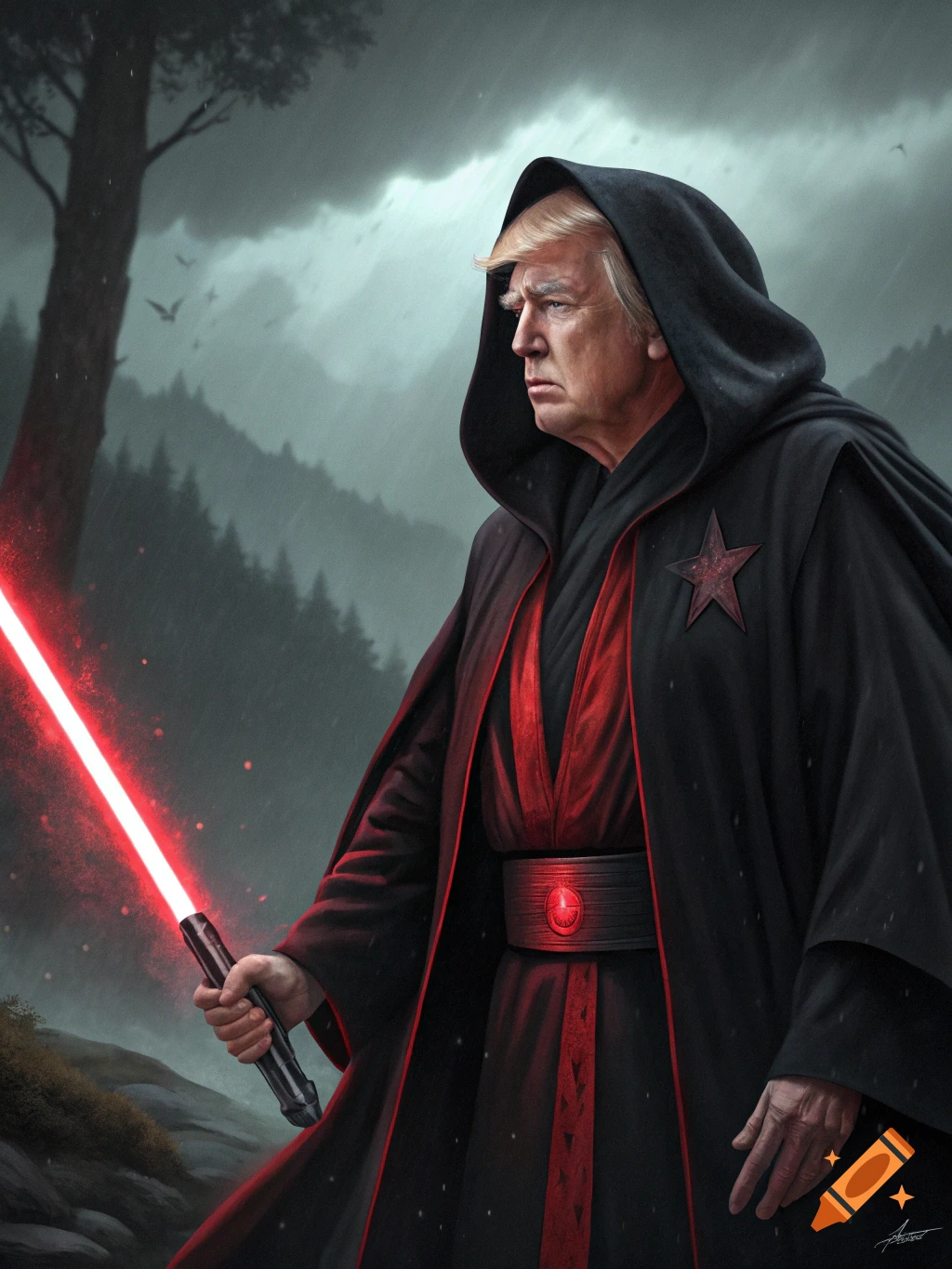 Donald Trump dressed as a Sith Lord holds a red lightsaber in a stormy ...