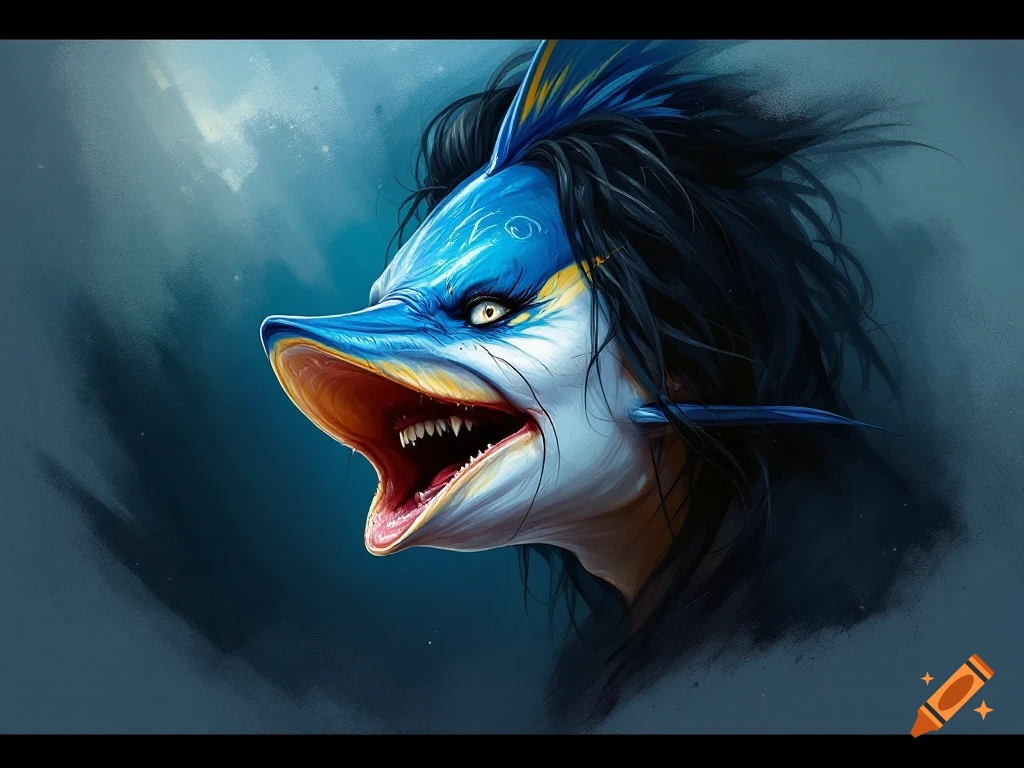 Close-up illustration of a roaring monstrous fish-human hybrid with ...