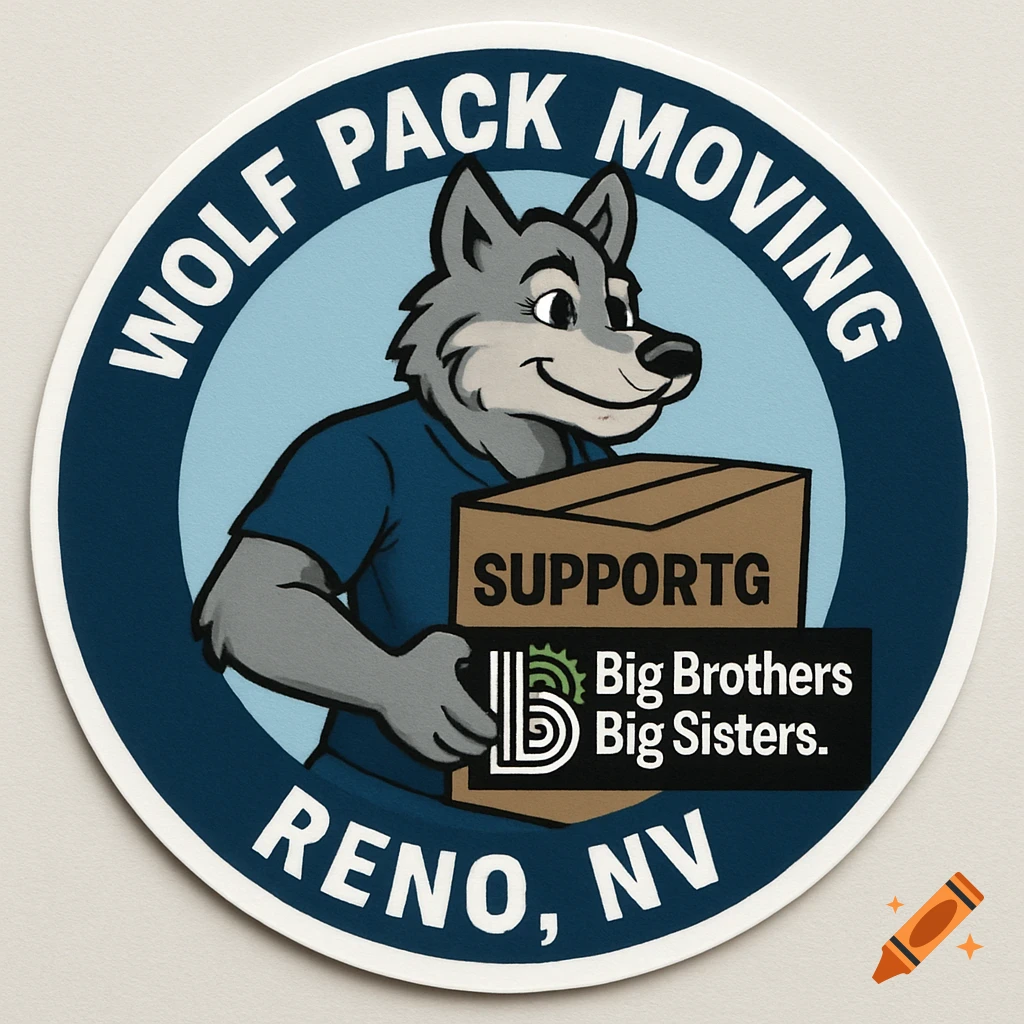 Circular sticker with a cartoon wolf mascot holding a box and text for ...