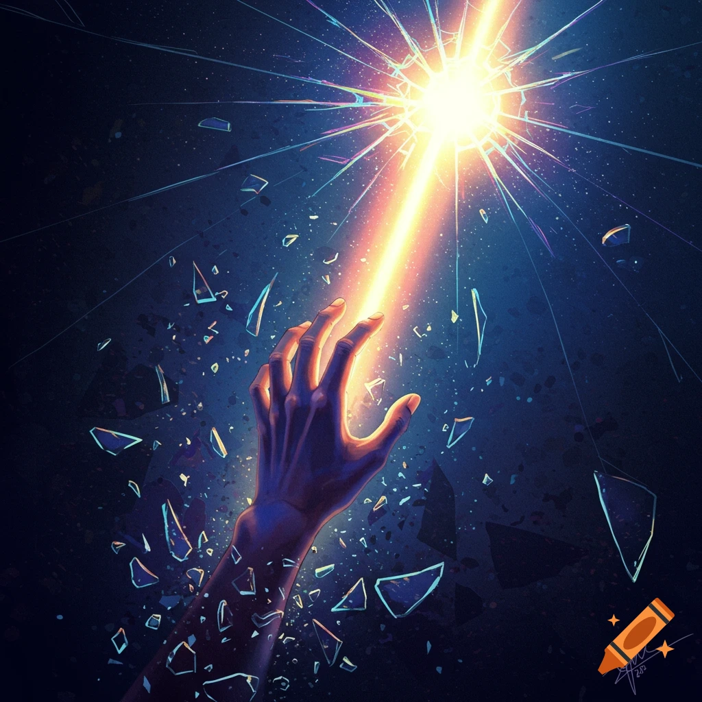 A hand reaches towards a bright light beam breaking through shattering ...