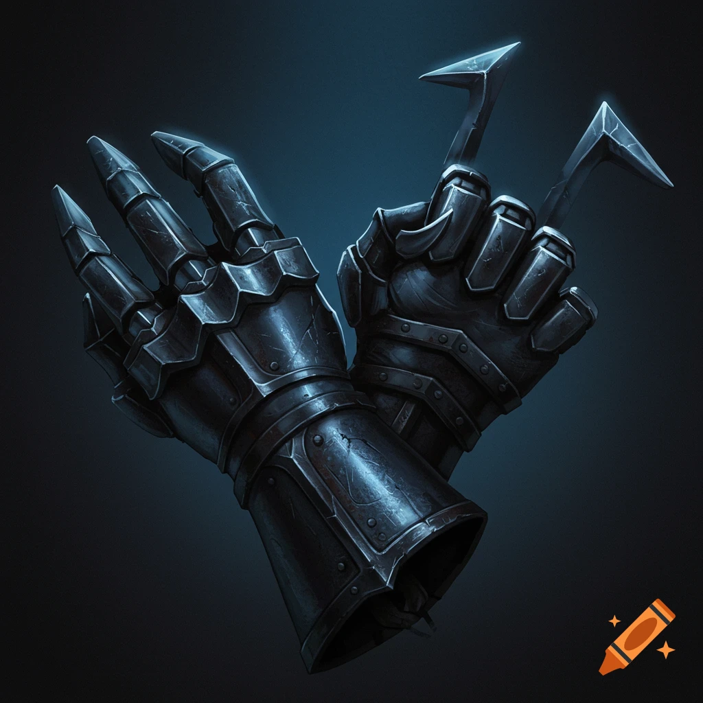Detailed illustration of dark metal fantasy gauntlets with sharp claw ...