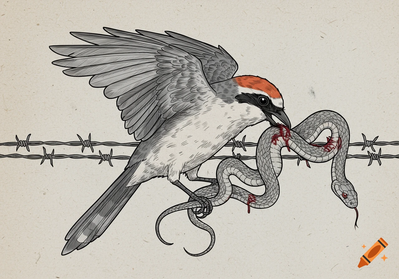 Line art illustration of a shrike impaling a snake on barbed wire. on ...