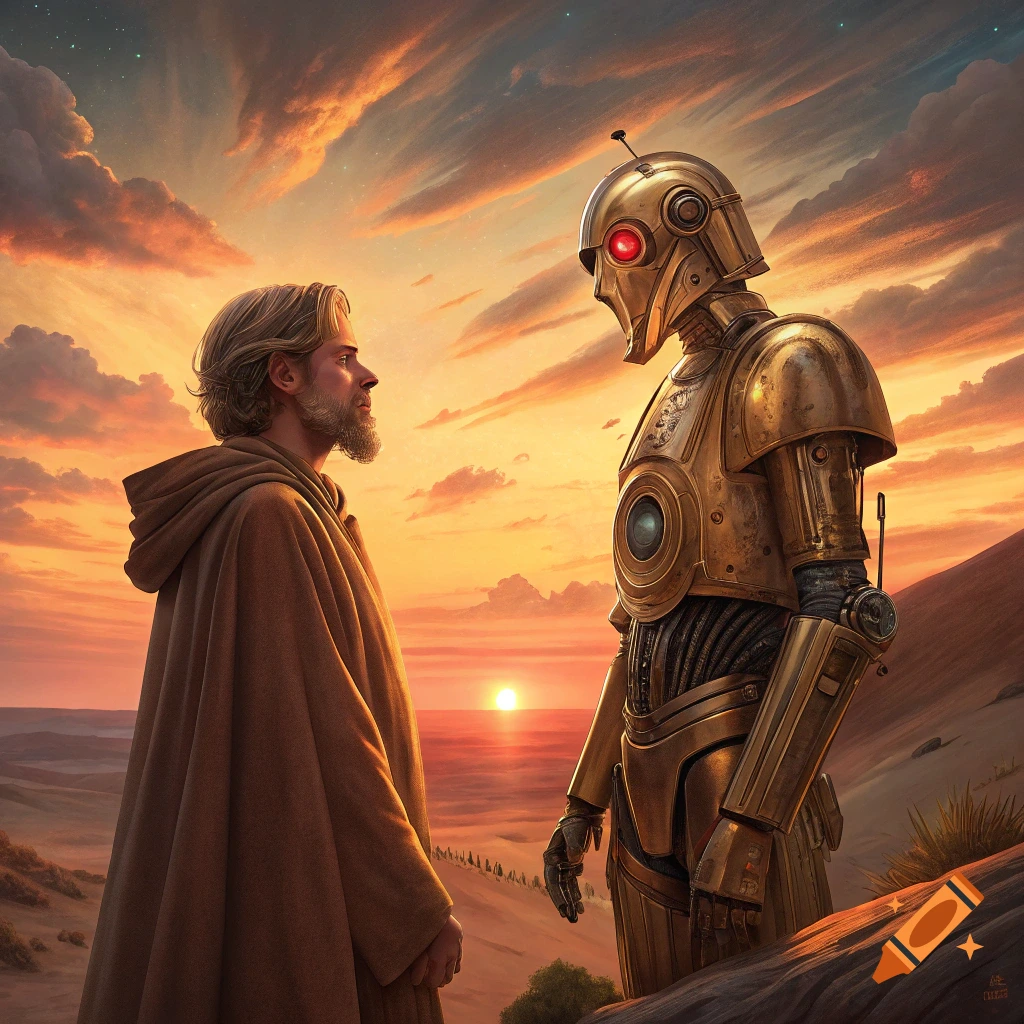 Luke Skywalker and a golden droid similar to C-3PO stand together ...