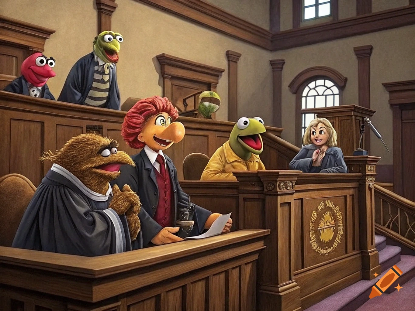 Muppet-like characters in a courtroom scene, including a judge and ...