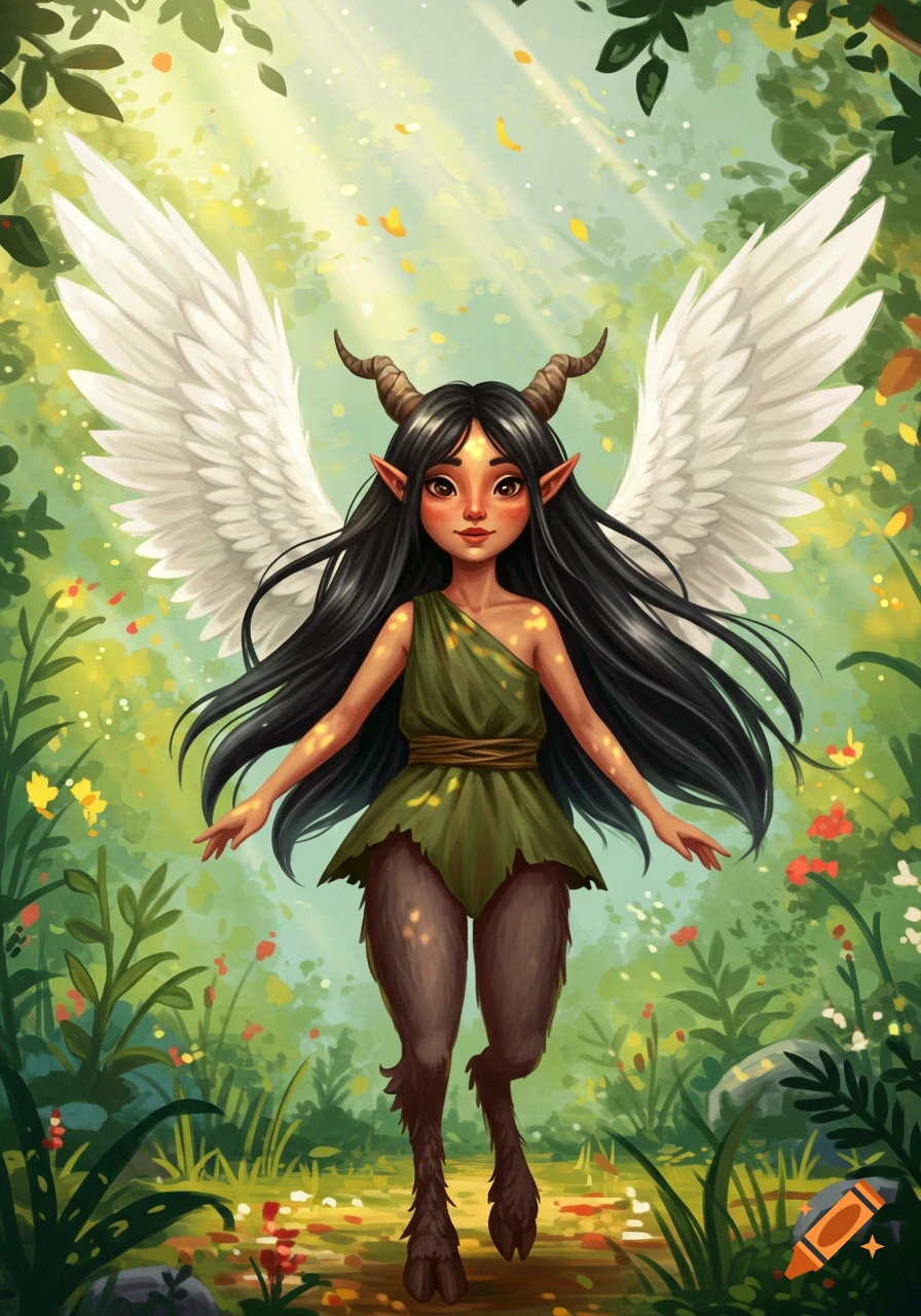 A satyr girl with black hair and white wings stands in a sunny forest ...