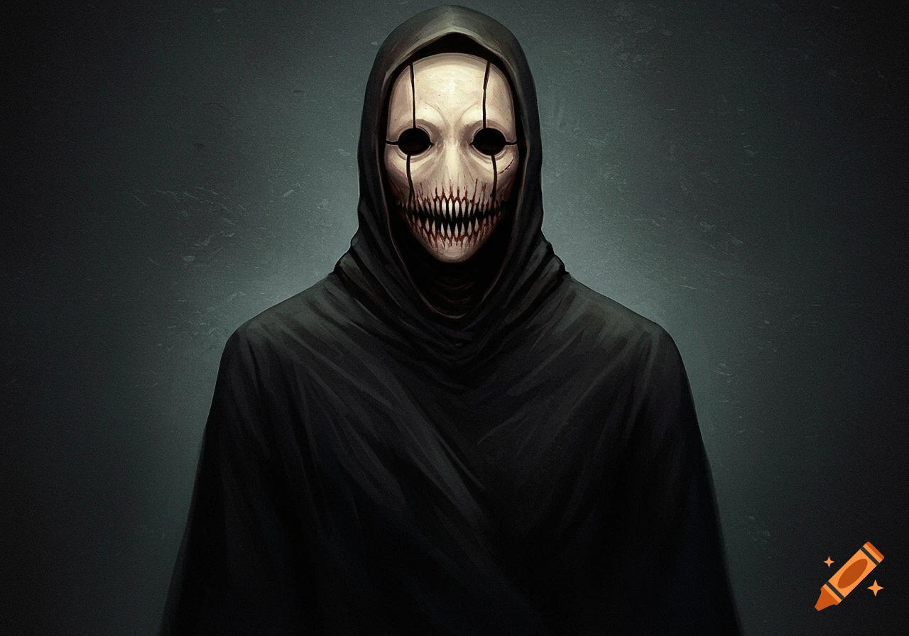 A creepy masked creature in a black hood with sharp teeth and hollow eyes. on Craiyon