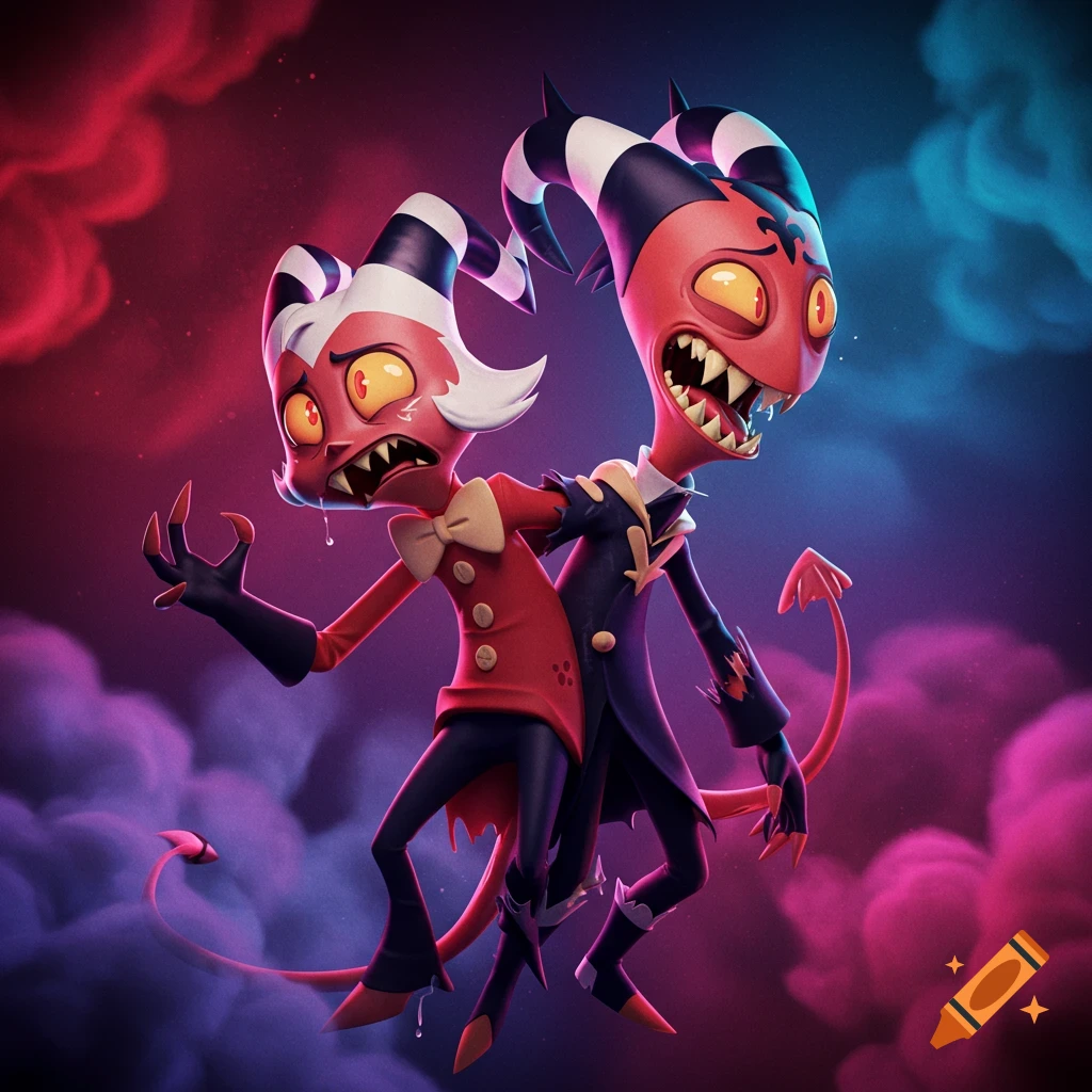 3D render of cartoon demon characters Blitzø and Moxxie from Helluva ...