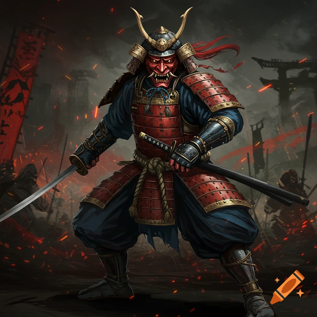 A samurai in red and black armor and a red oni mask stands in a ...