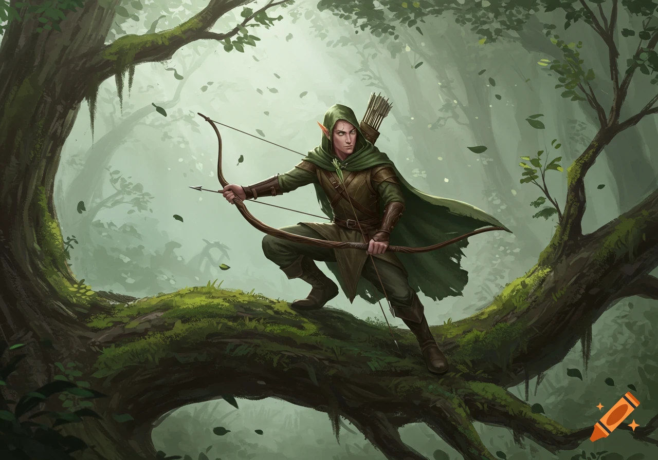An elf archer crouches on a mossy branch in a misty forest, drawing a ...