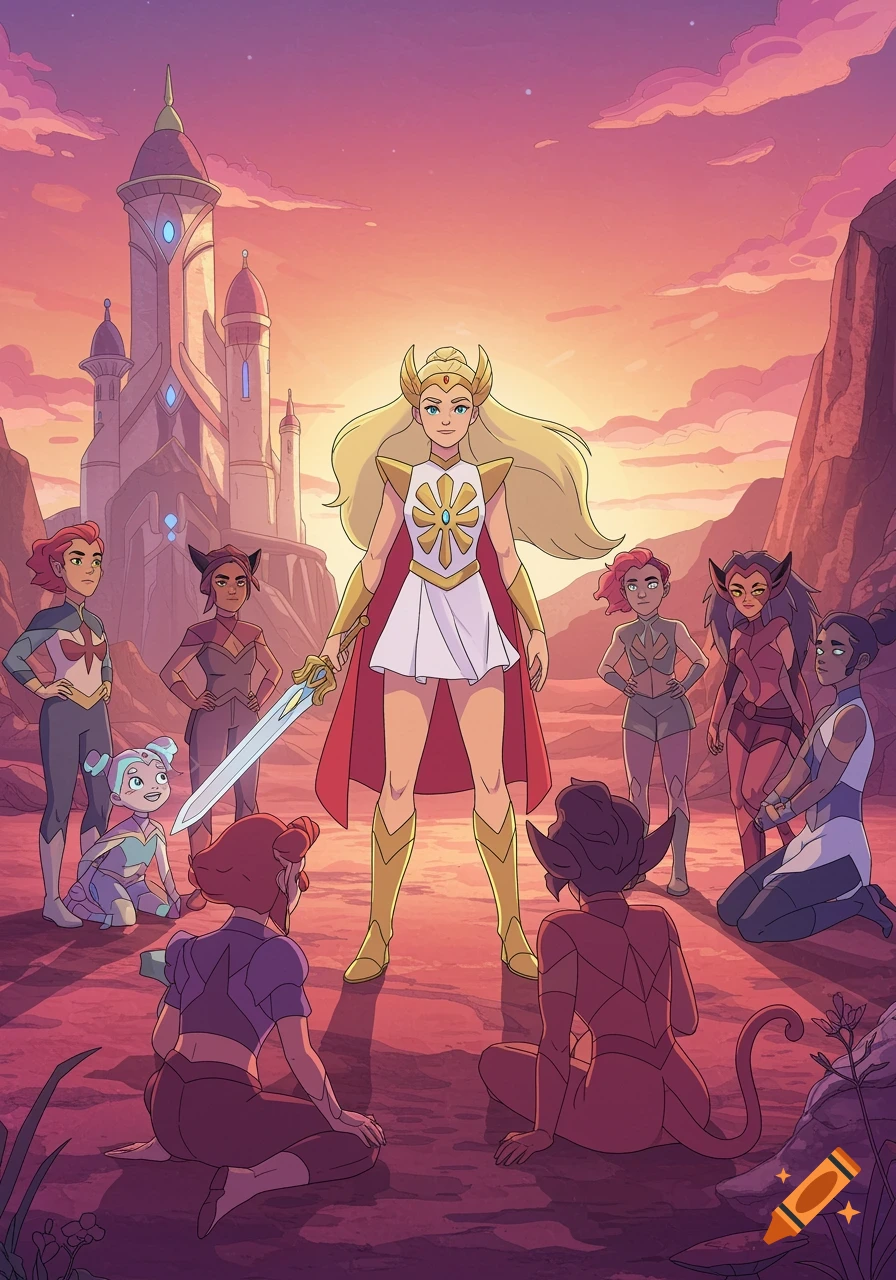 Animated illustration of She-ra standing with a sword surrounded by ...