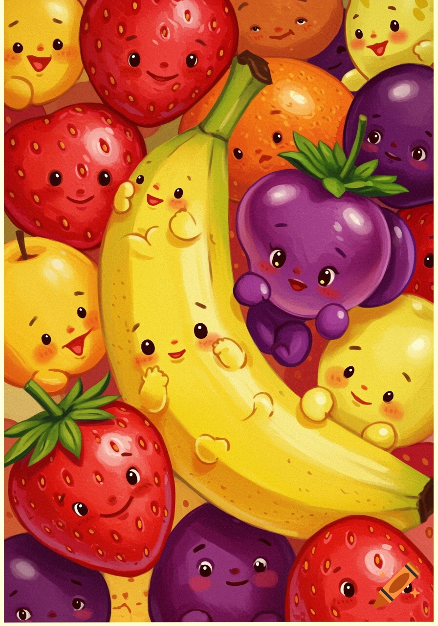 Close-up cartoon illustration of smiling fruit characters including a ...