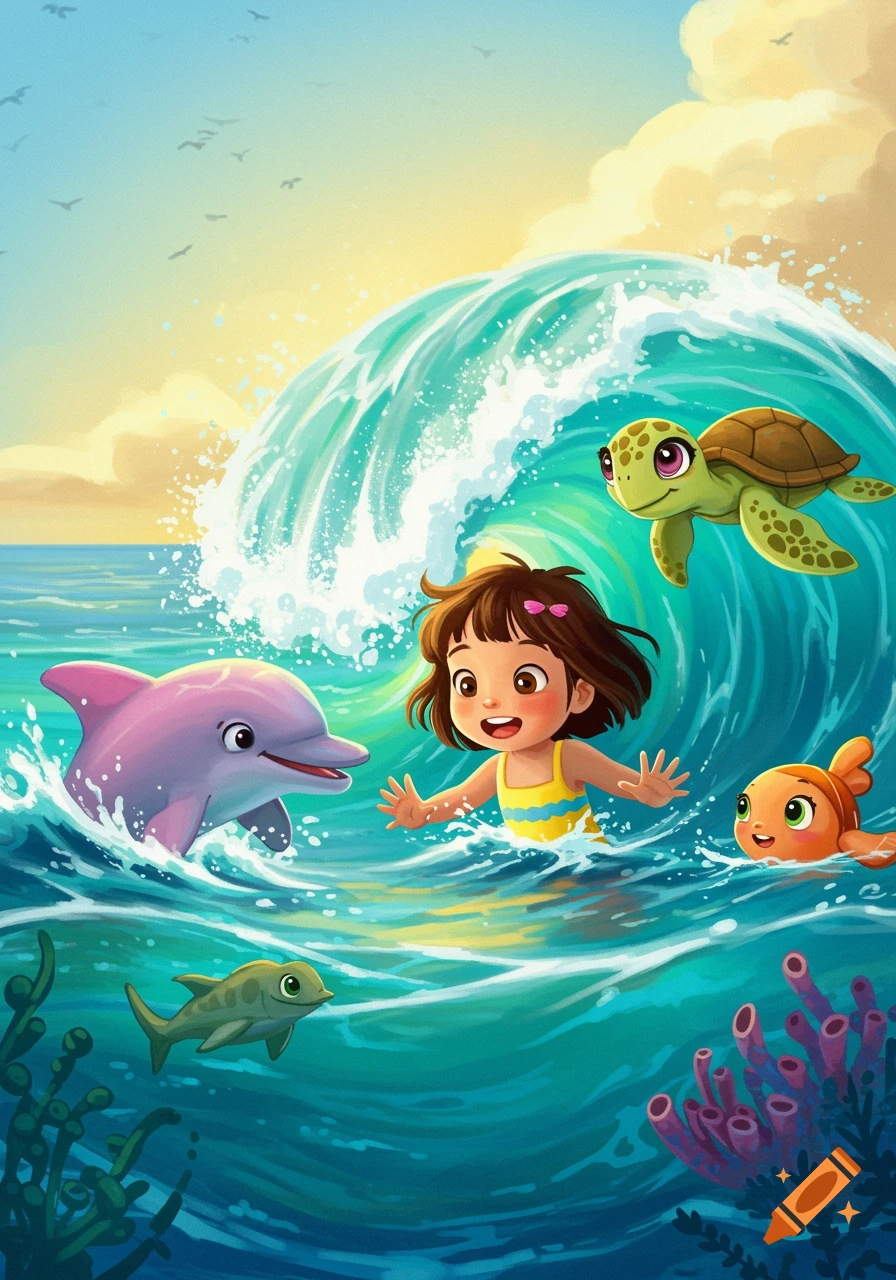 Illustration of a cartoon girl swimming in the ocean with a dolphin ...