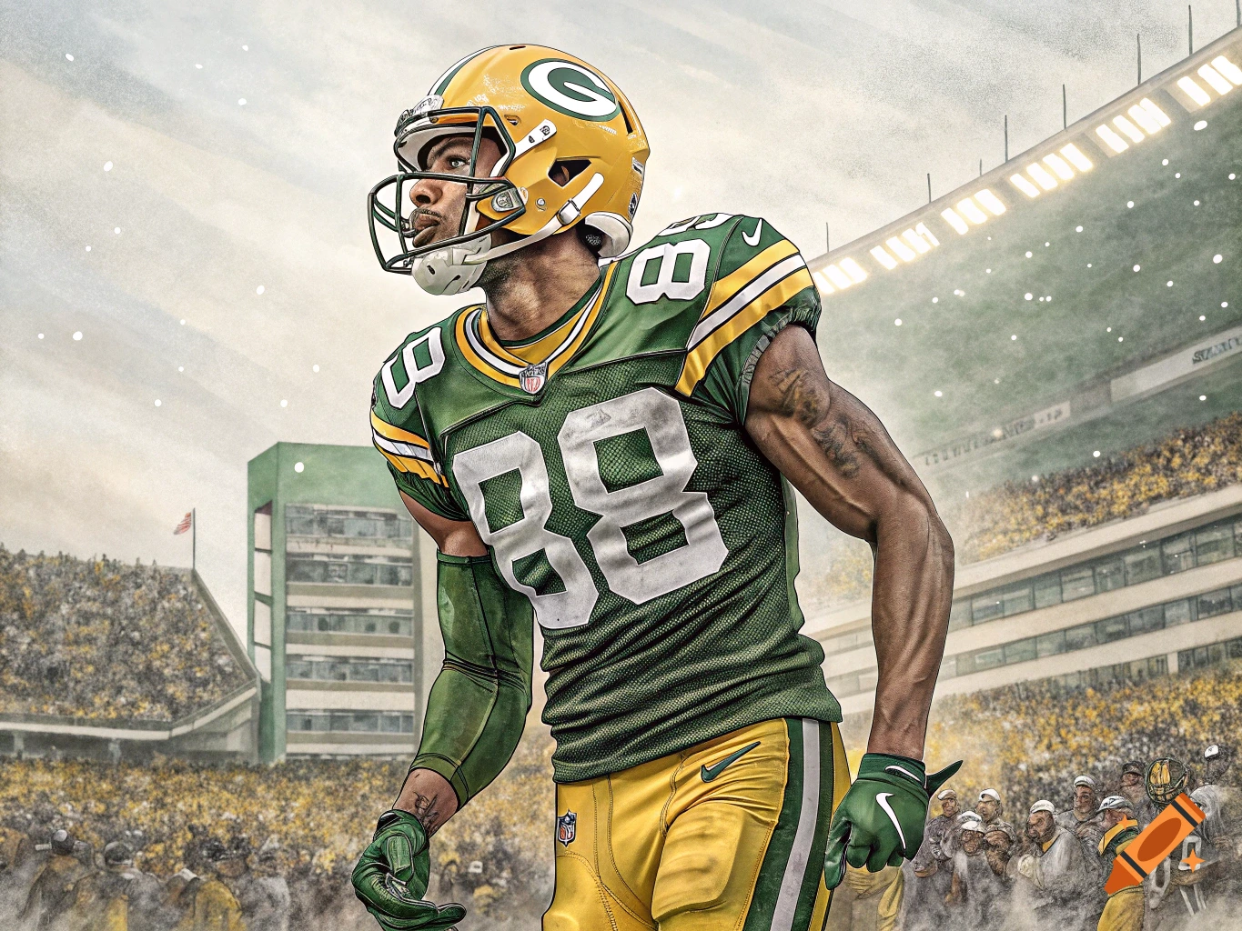 A football player in a Green Bay Packers uniform stands on a field. on ...