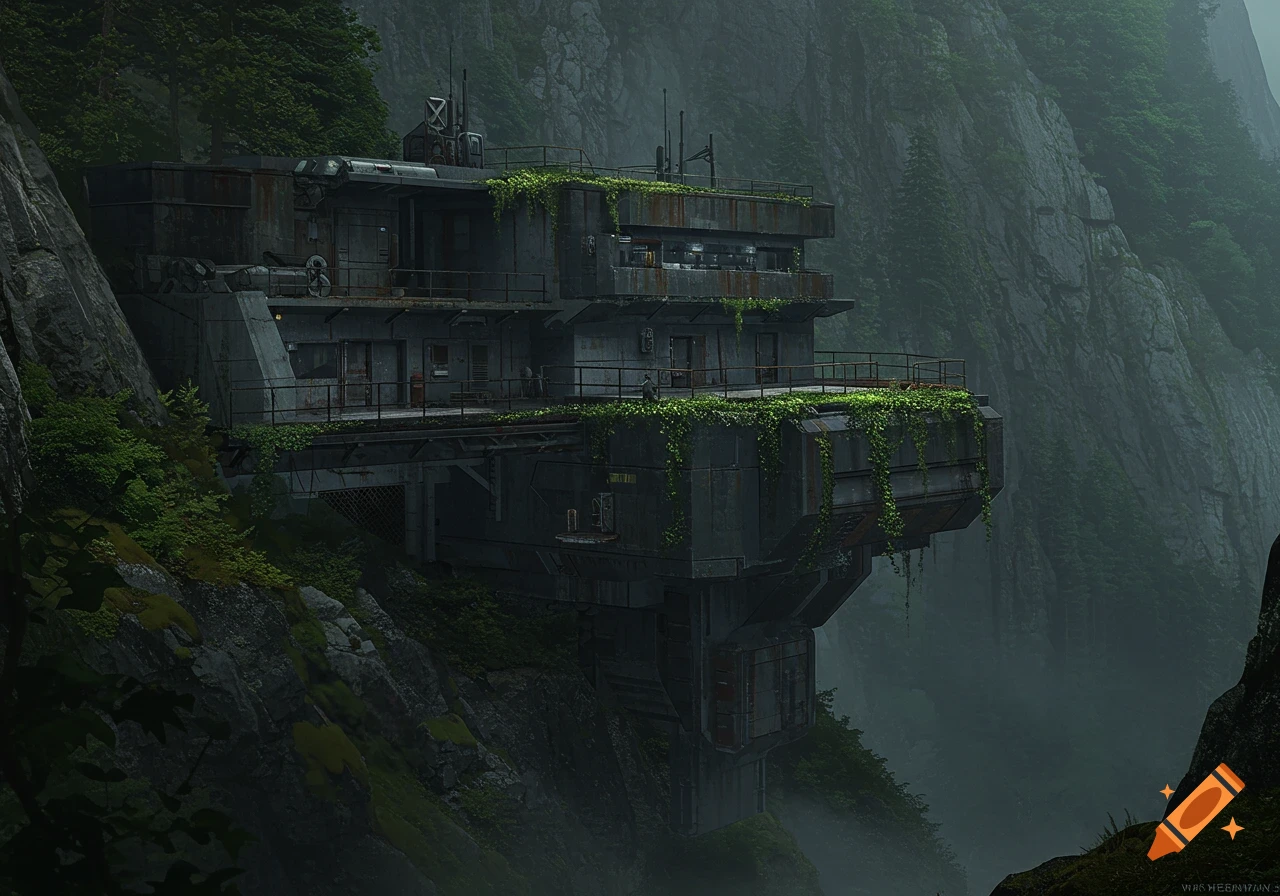An old, overgrown sci-fi military base built into a misty cliffside ...