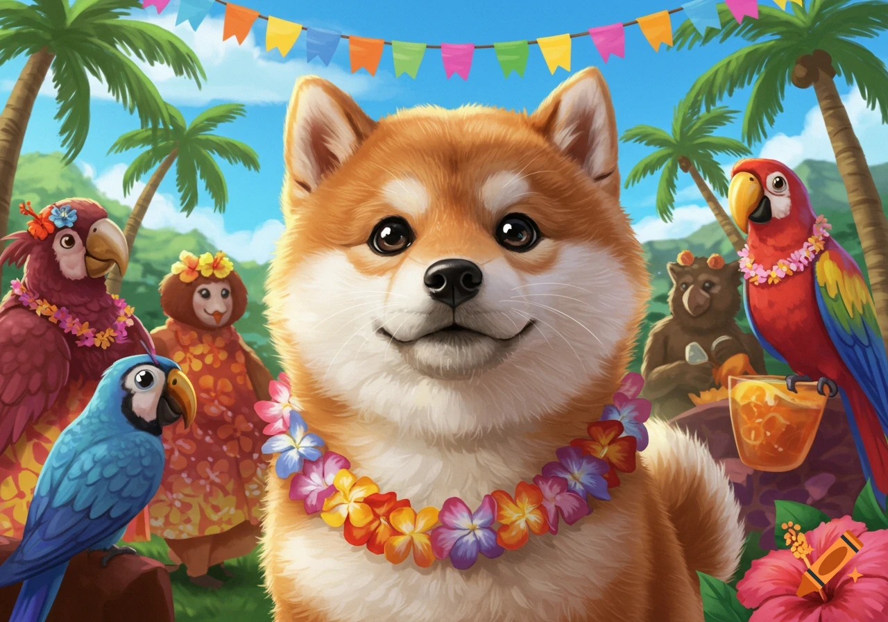 A cute Shiba Inu dog wearing a lei at a tropical party with other ...