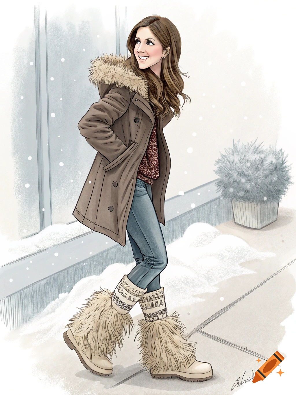 Illustration of a woman walking in the snow, wearing a coat and fuzzy ...