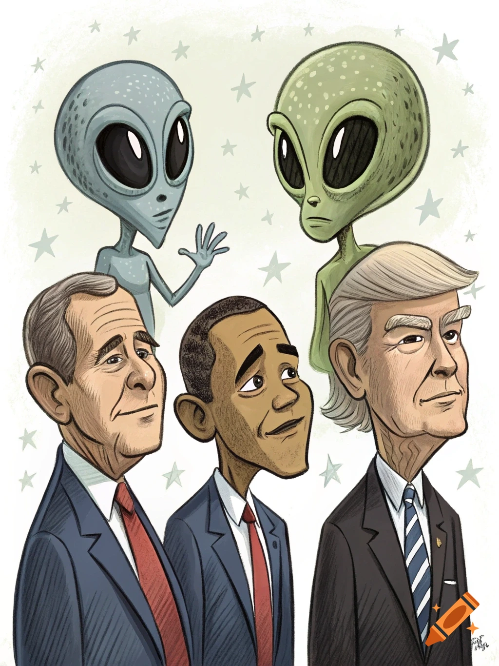 Illustration of George W. Bush, Barack Obama, and Donald Trump standing with two aliens. on Craiyon
