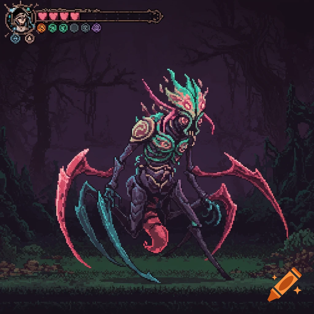 Pixel art monster with multiple limbs and claws in a dark forest with a ...