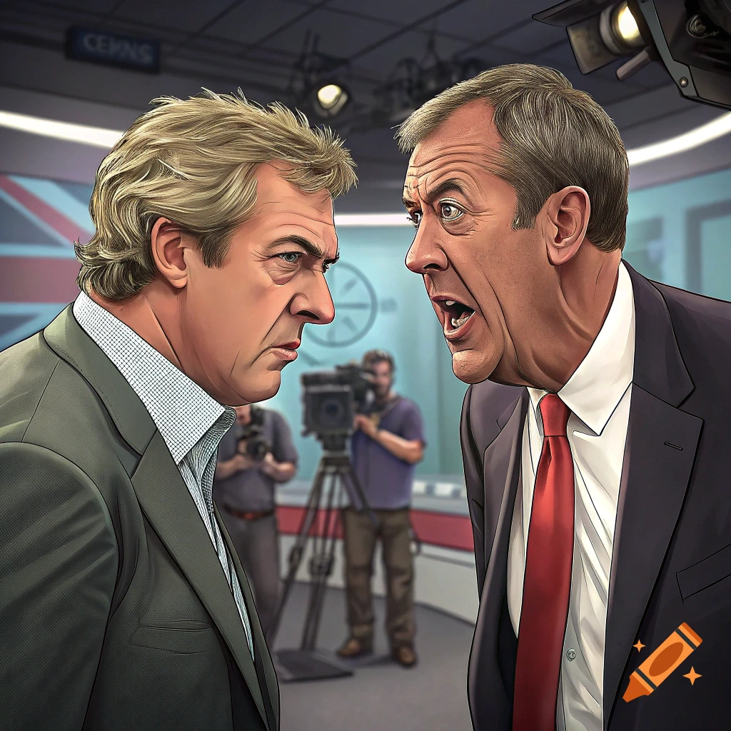 Caricature illustration of two men arguing in a TV studio. on Craiyon