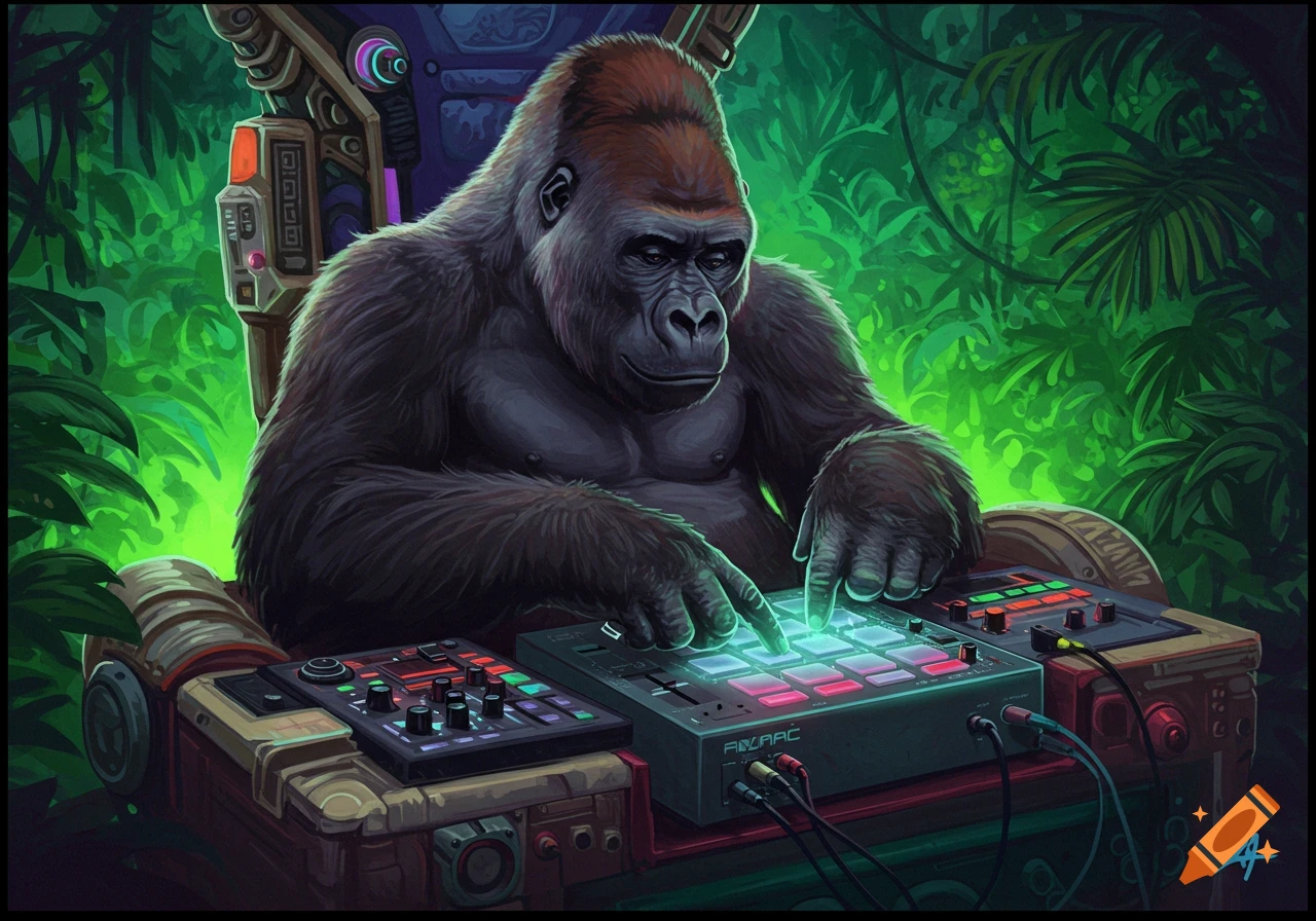 A silverback gorilla sits in a chair in a jungle, playing an electronic ...