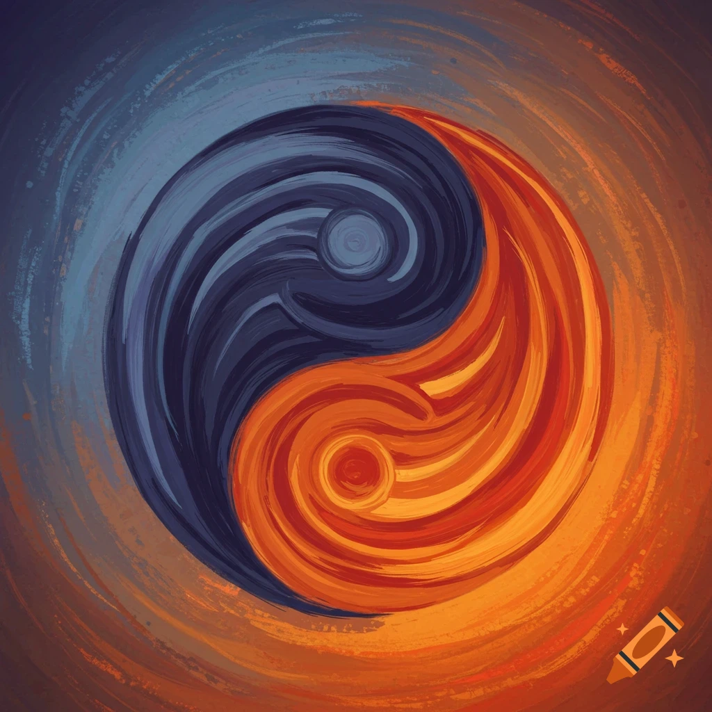 Abstract painting of a Yin Yang symbol split into swirling blue and ...