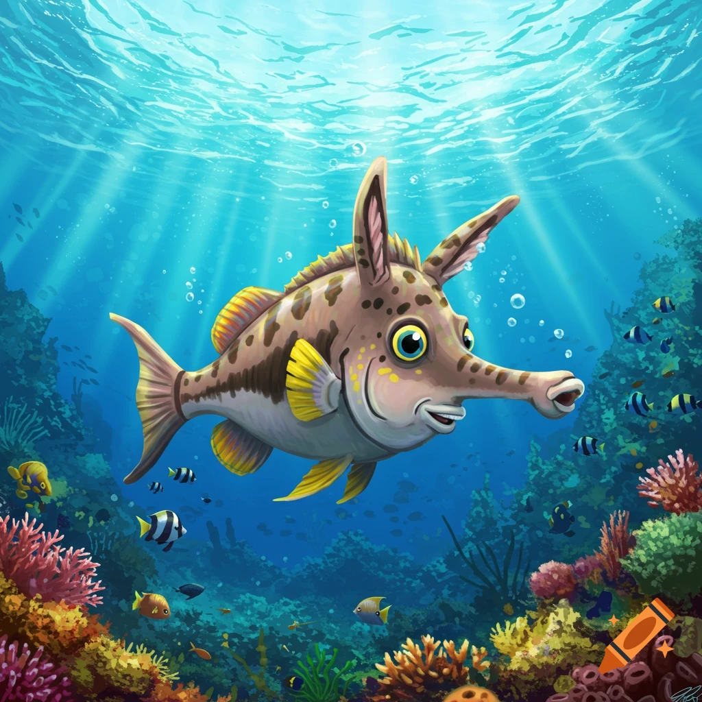 An illustration of a cartoon fish with donkey ears and snout swimming ...