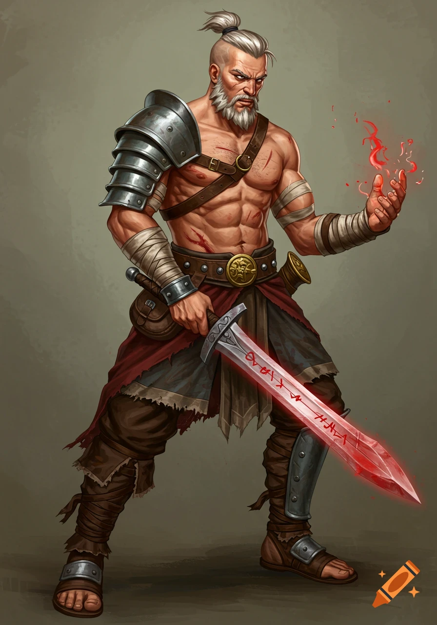 A muscular fantasy gladiator with a goatee and top knot, holding a ...