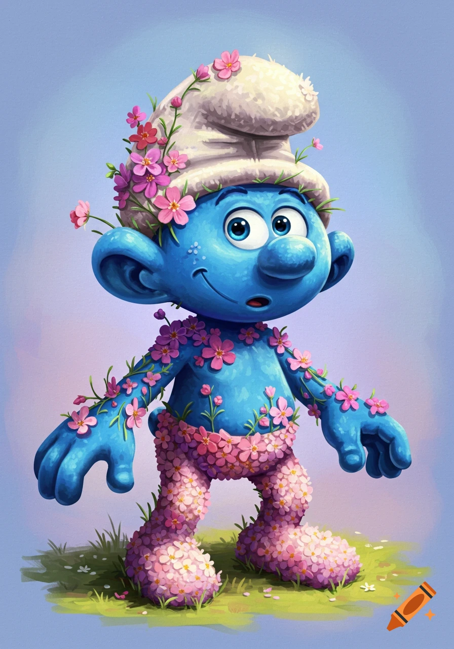 A blue cartoon Smurf character stands in grass, covered head-to-toe in ...