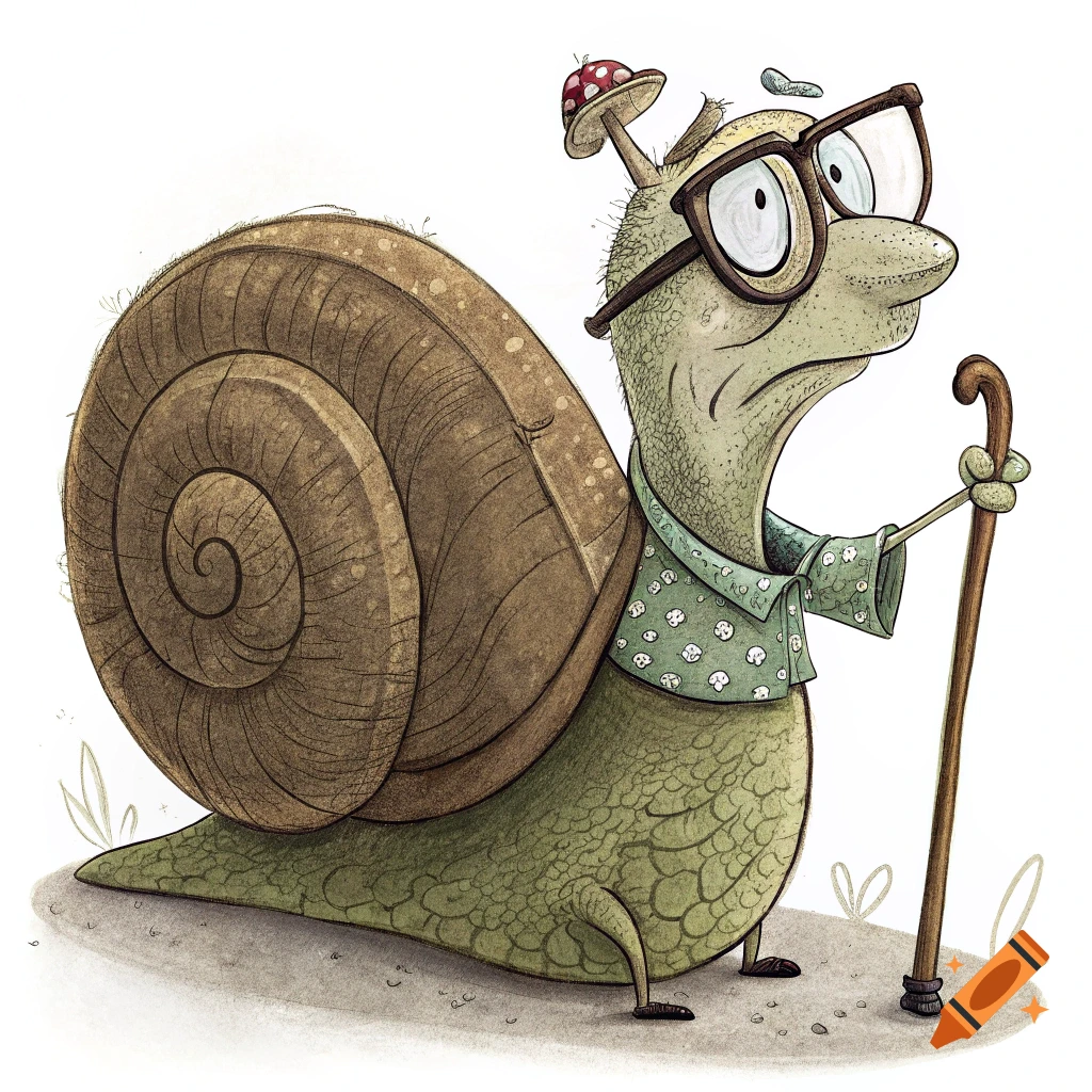 Cartoon illustration of an old snail wearing glasses and holding a cane. on Craiyon