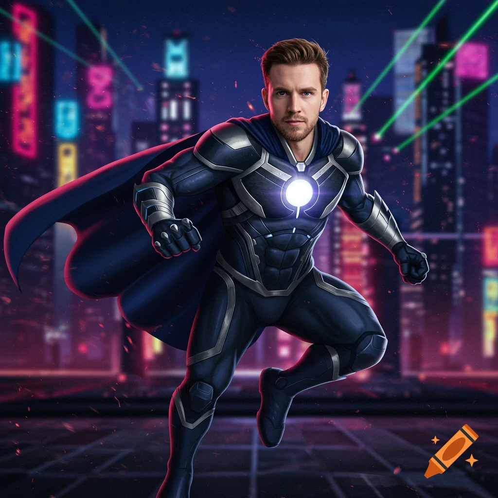 Superhero in a blue and silver suit flying over a futuristic city at ...