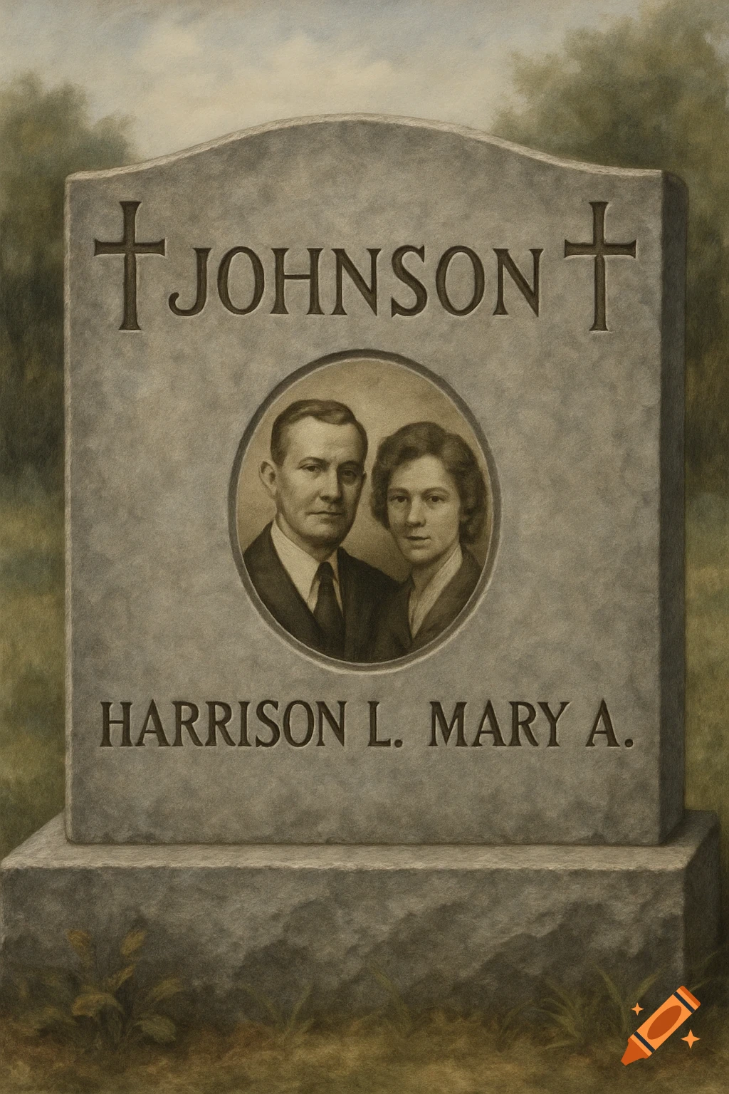 A gravestone with a portrait of a couple, inscribed with 'JOHNSON' and 'HARRISON L. MARY A ...