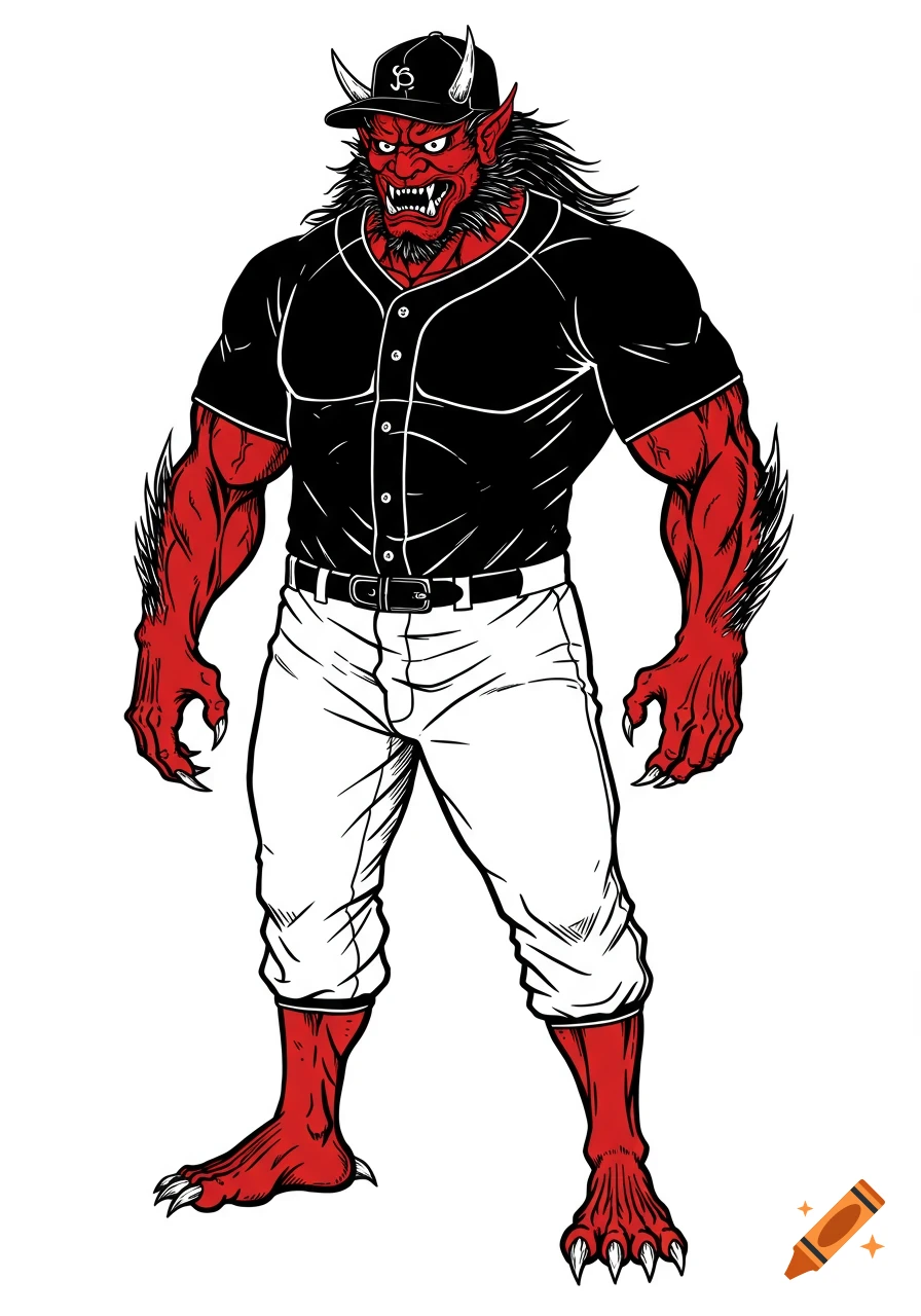 An illustration of a red demon creature wearing a black baseball cap ...