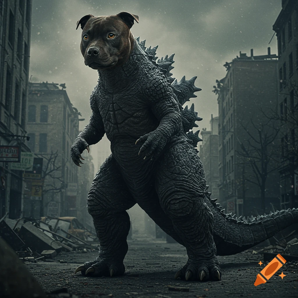 A monstrous creature with a Godzilla body and a dog head stands in a ...