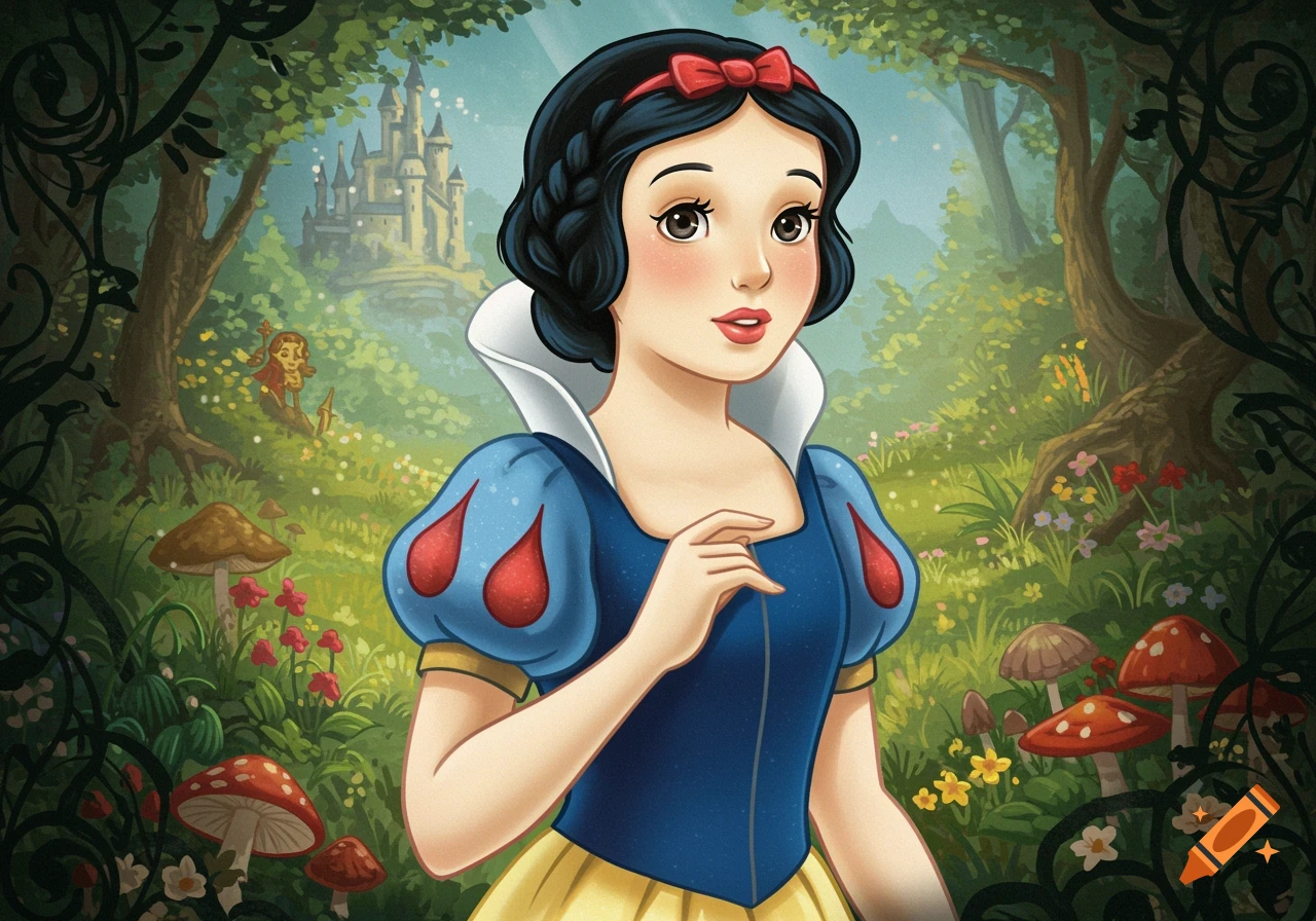 Illustration of Snow White standing in a forest with a castle in the ...