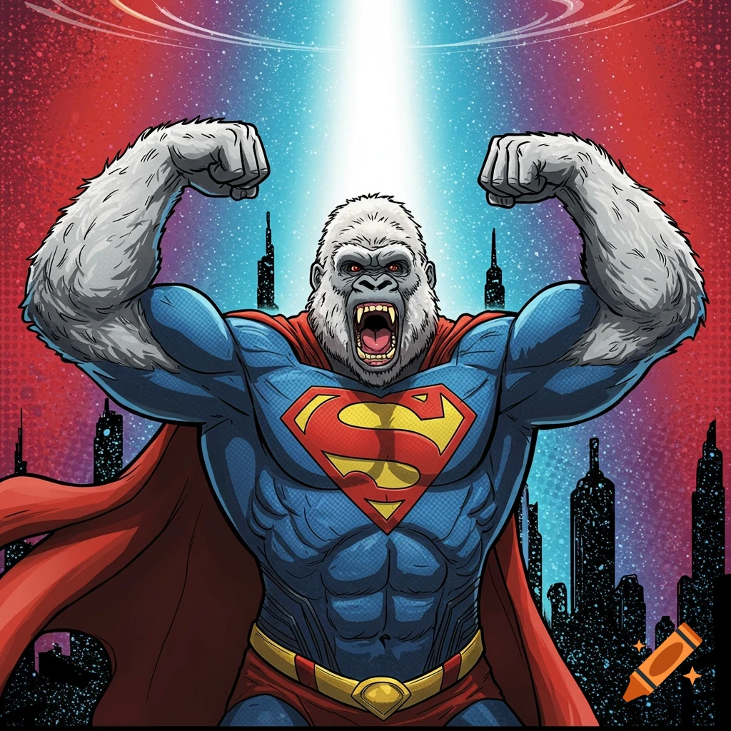 A white gorilla in a Superman suit flexing muscles, comic book art on ...