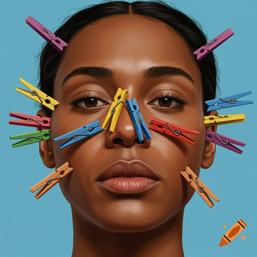 Close-up realistic painting of a person's face covered in colorful ...