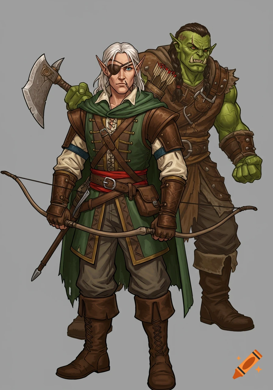 An elf ranger with an eyepatch and a half-orc barbarian stand together ...